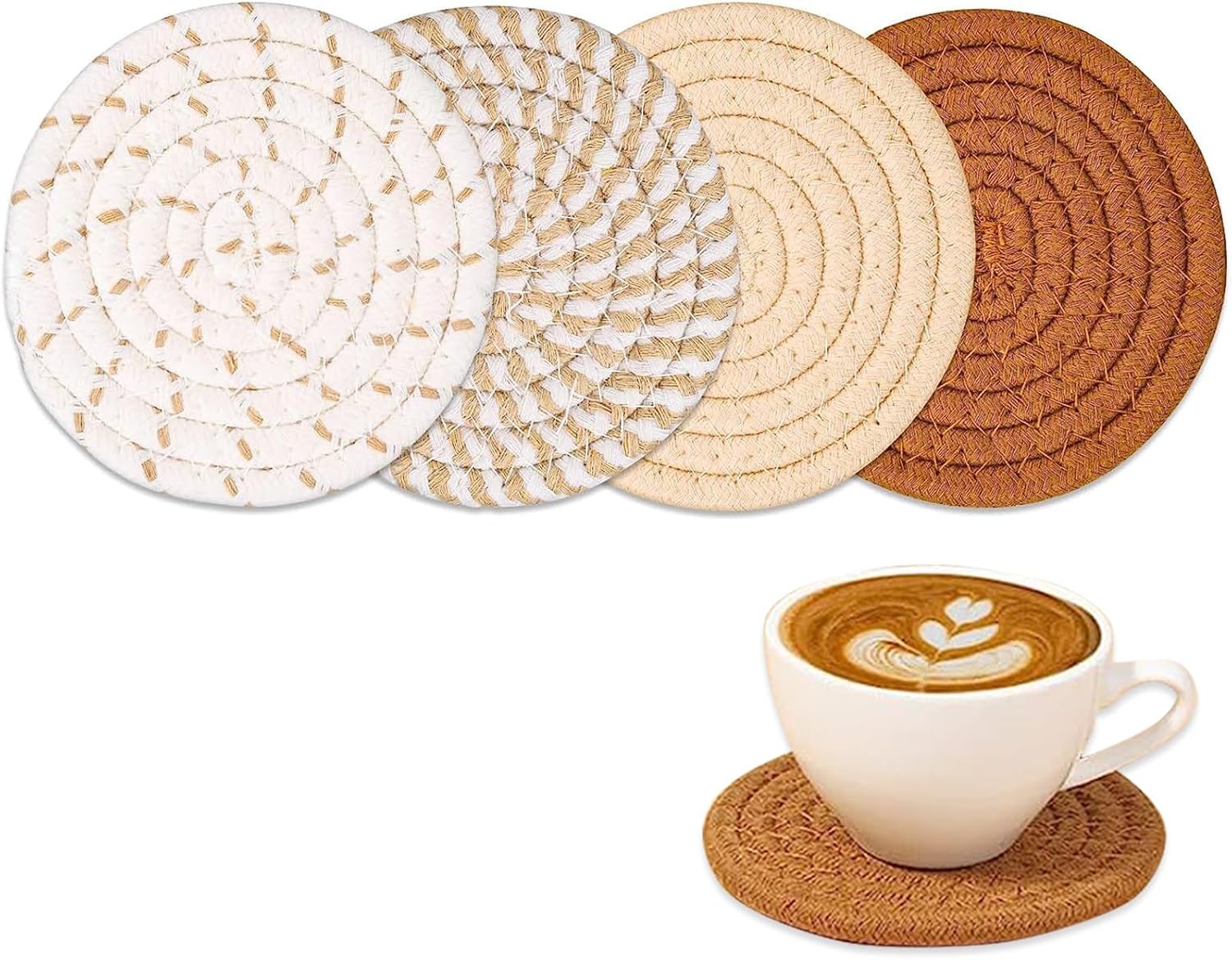 NCOALE Cotton Woven Round Coaster Set (4 PCS) - Absorbent Non Slip Mug ...