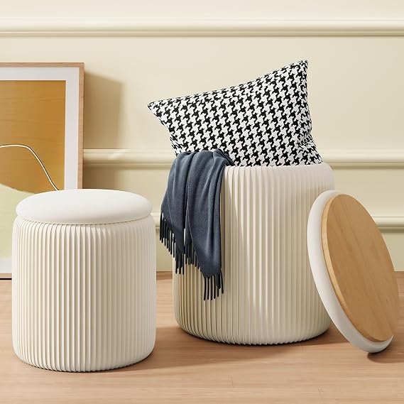 Amazon.com: Round Ottoman with Storage Set of 2, White Vanity Stool ...