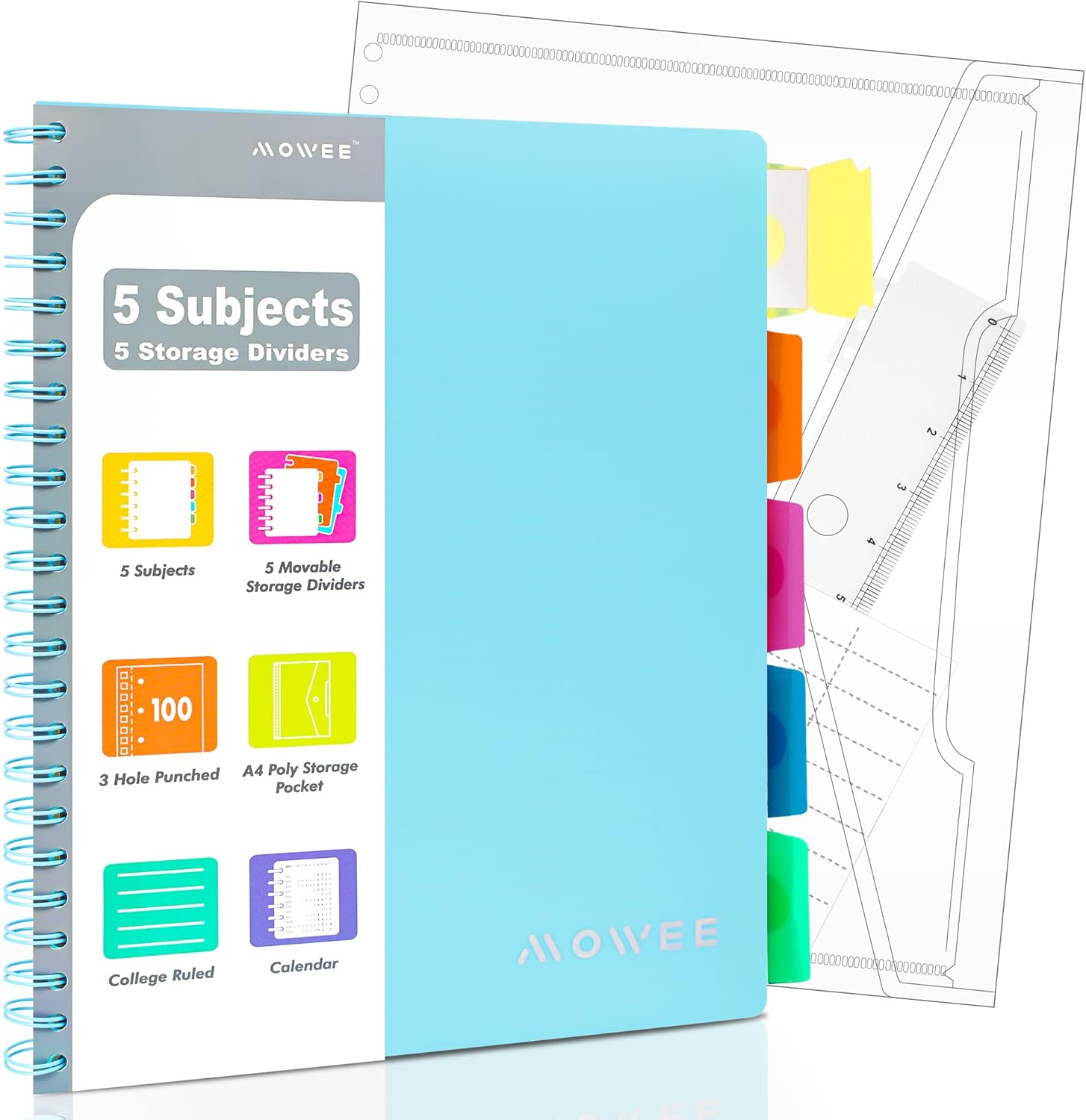 Amazon.com : MOWEE Spiral Notebook - 5 Subject Notebook, College Ruled ...