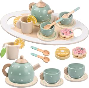 Bezavea 15PCS Wooden Tea Set for Toddlers, Pretend Play Tea Party Set ...