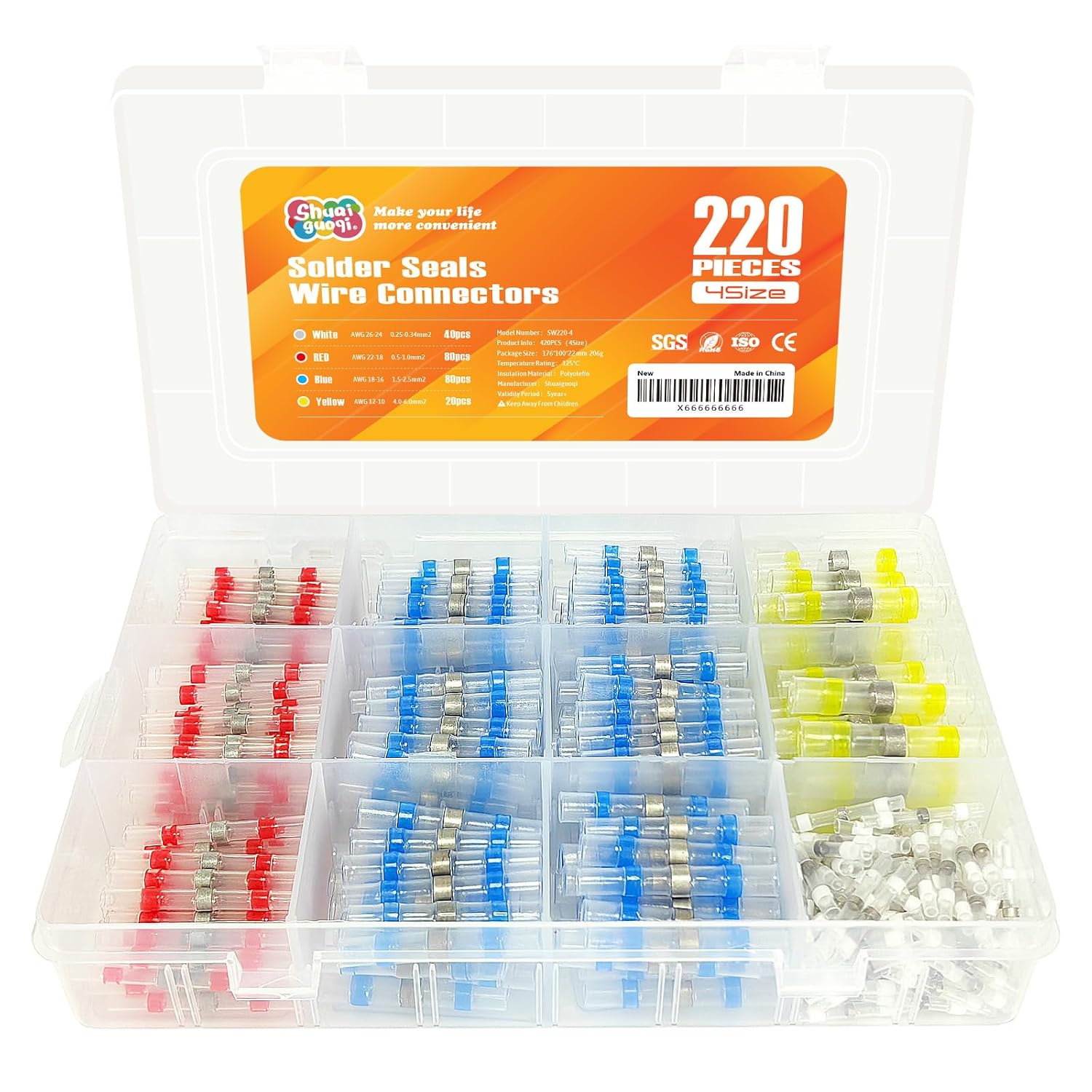 220Pcs(4Size) Solder Seal Wire Connectors Kit,Shuaiguoqi Wire Repair ...