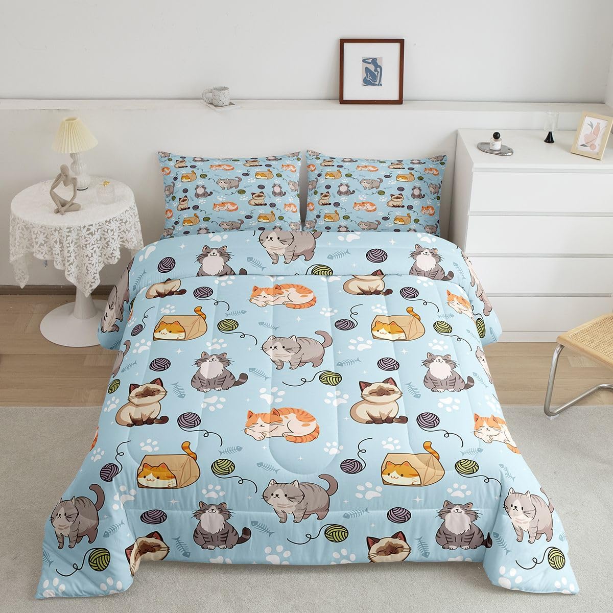 Amazon.com: jejeloiu Cartoon Cat Kids Comforter Set Twin Size Kawaii ...