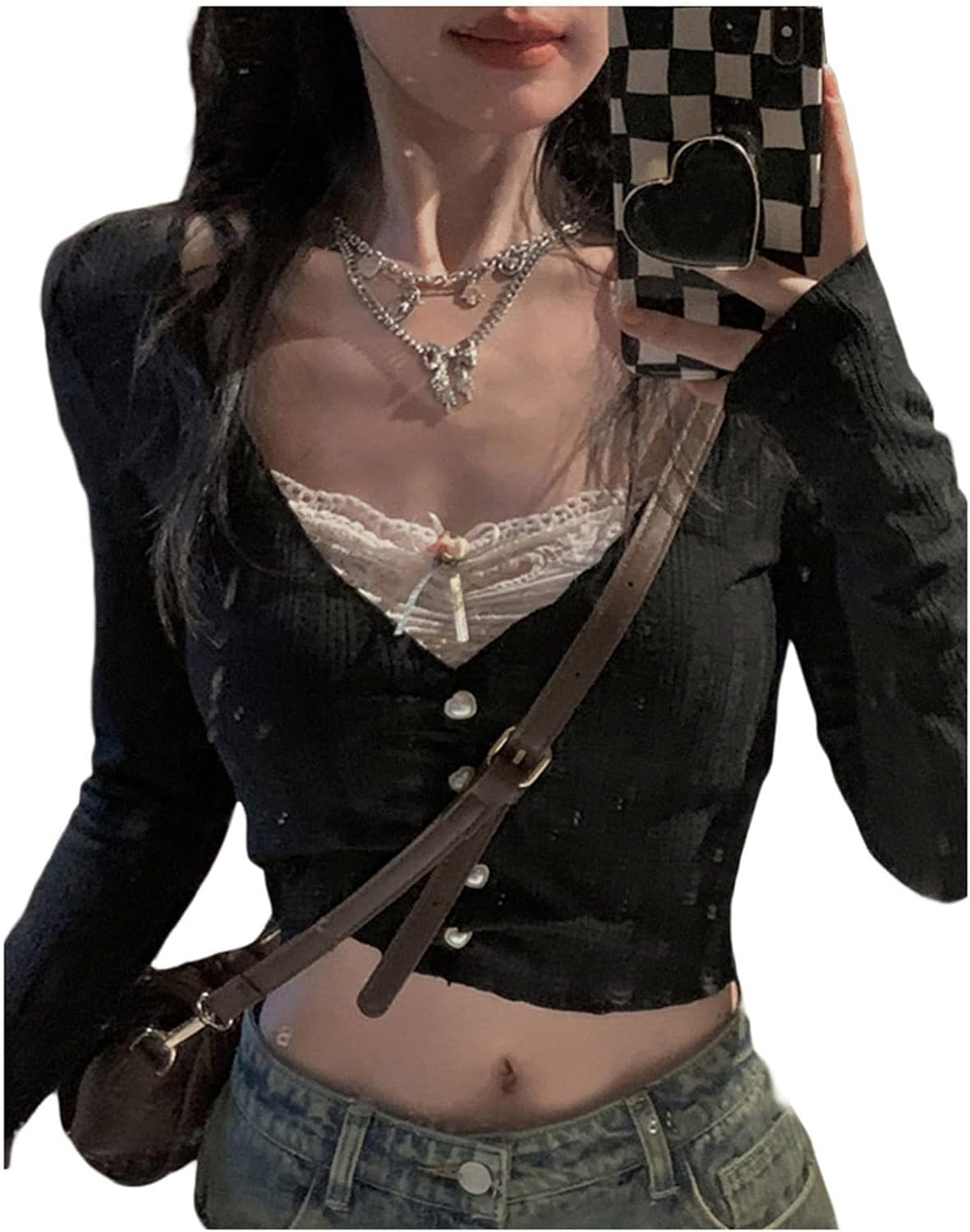 SMIMGO Y2k Haut court en dentelle pour femme - Coupe ajustée - Col en V - Manches longues ...