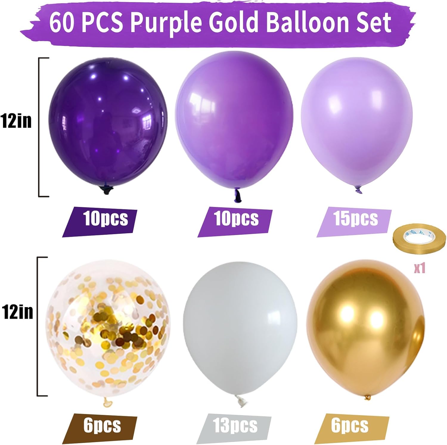 Globos morados y dorados, juego de 60 globos morados y blancos con ...