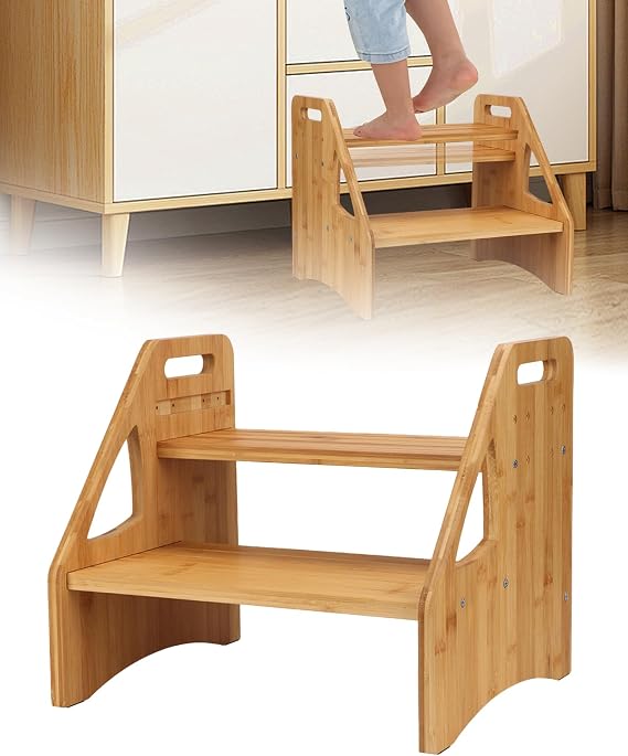 2-Tier Step Stool, Bamboo Height-Adjustable Toddler Step Stool 300 lbs ...