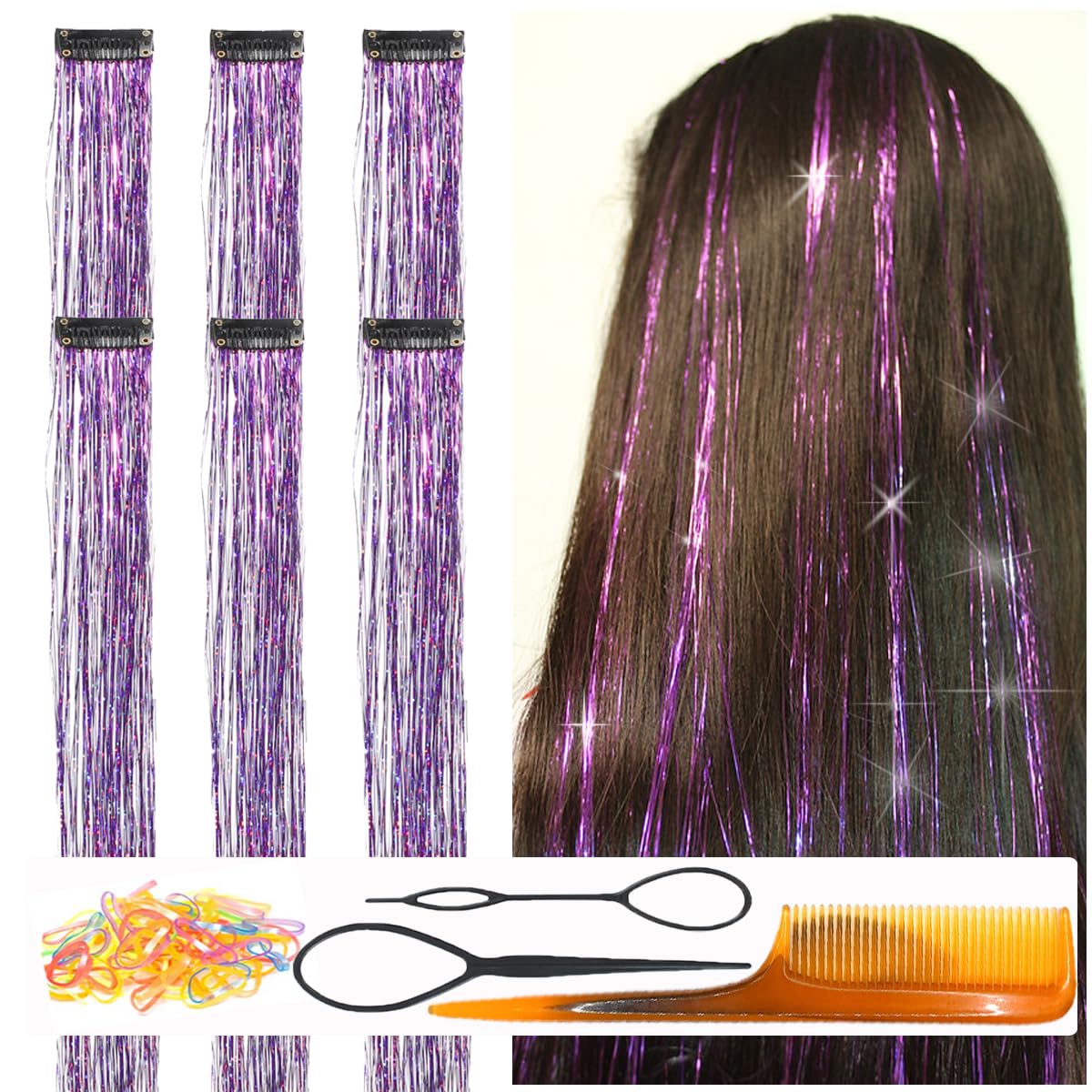 Amazon.com : CelineBella Clip In Purple Tinsel Hair Extensions Kit ...