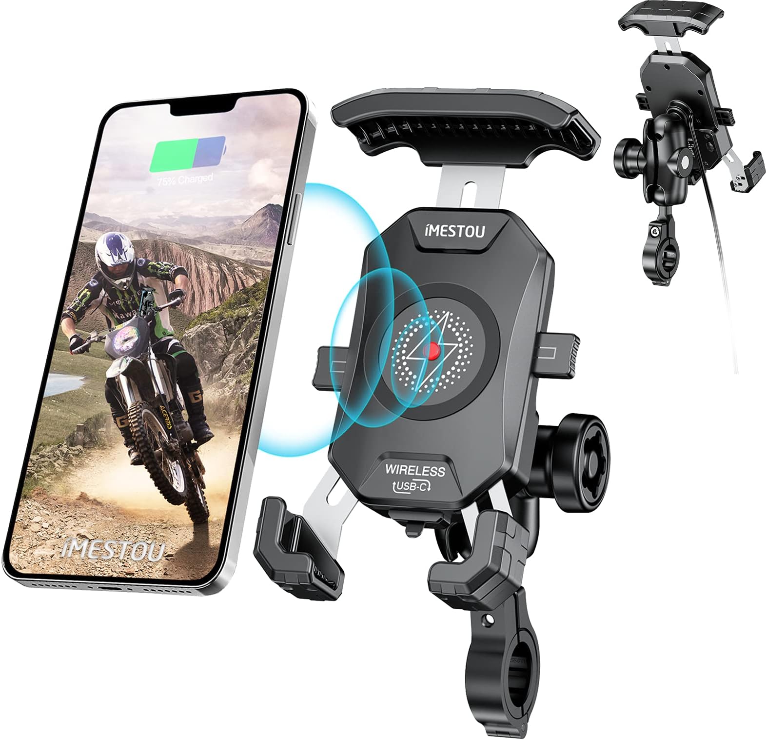 iMESTOU Anti-Theft Motorcycle Wireless Phone Mount Charger 15W & USB C ...