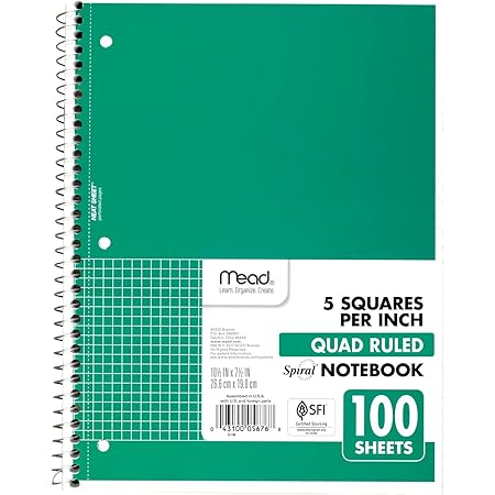 Mead Spiral Notebook, 1 Subject, Quad Ruled Paper, 100 Sheets, 10-1/2 ...