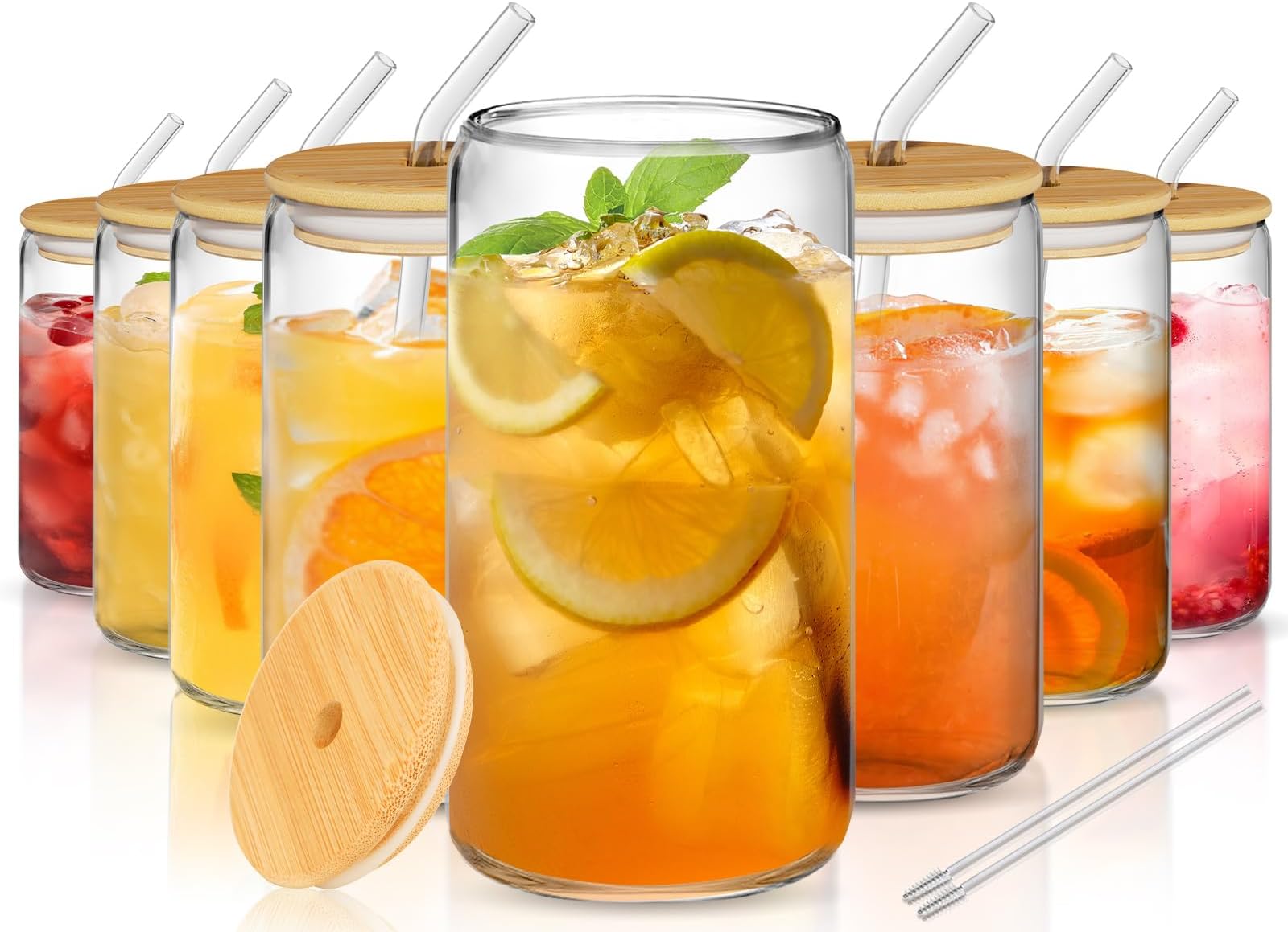 Amazon.com | PUPUBLUE 4pcs Glass Cups with Bamboo Lids and Glass Straws ...