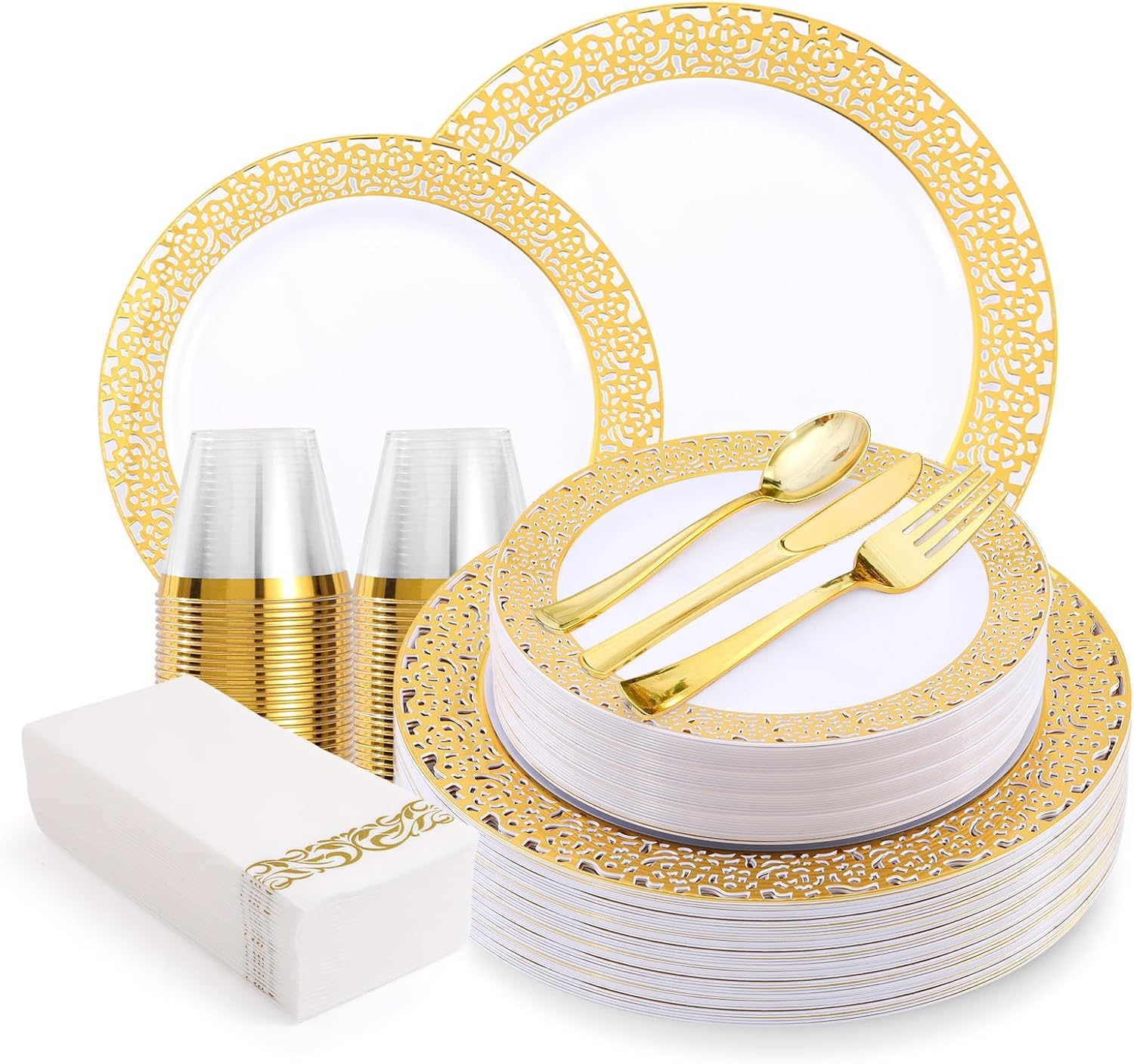 Amazon.com: VajilaPhil 350-Piece Gold Hollow Plastic Dinnerware Set for ...