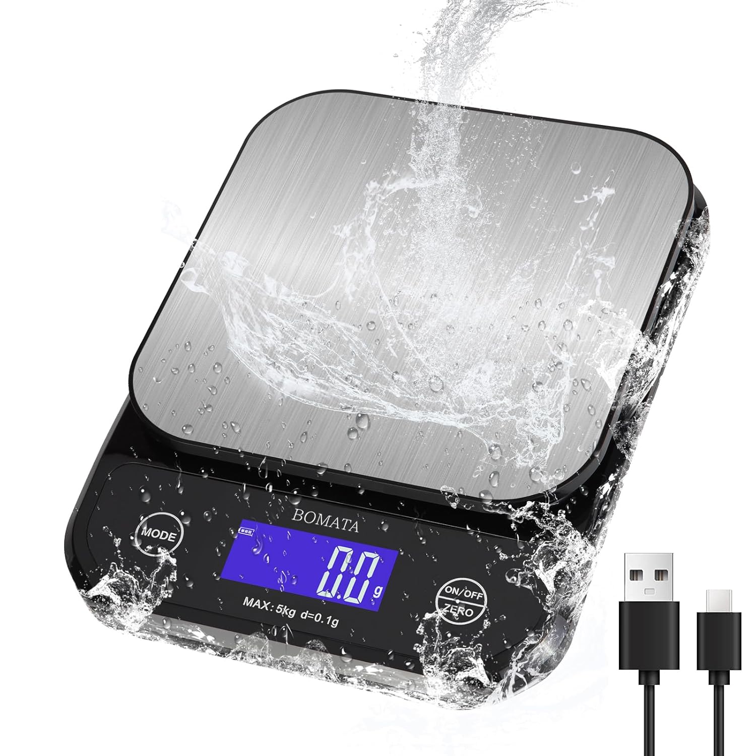 Amazon.co.jp: BOMATA (ボマタ) キッチン はかり 防水IP65 洗える 0.1g 5kg TYPE-C充電&乾電池 二式給電 全視角LCD タッチセンサーボタン ...