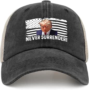 Amazon.com: Funny Hat Trump Mugshot Never surrenders Hat Trucker Hat ...