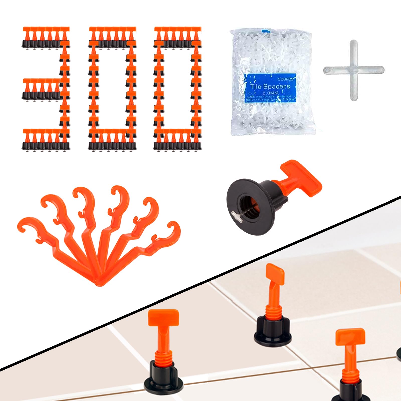 Tile leveling System Kit, 1/16” 300pcs Tile Levelers and 1500pcs 2mm ...