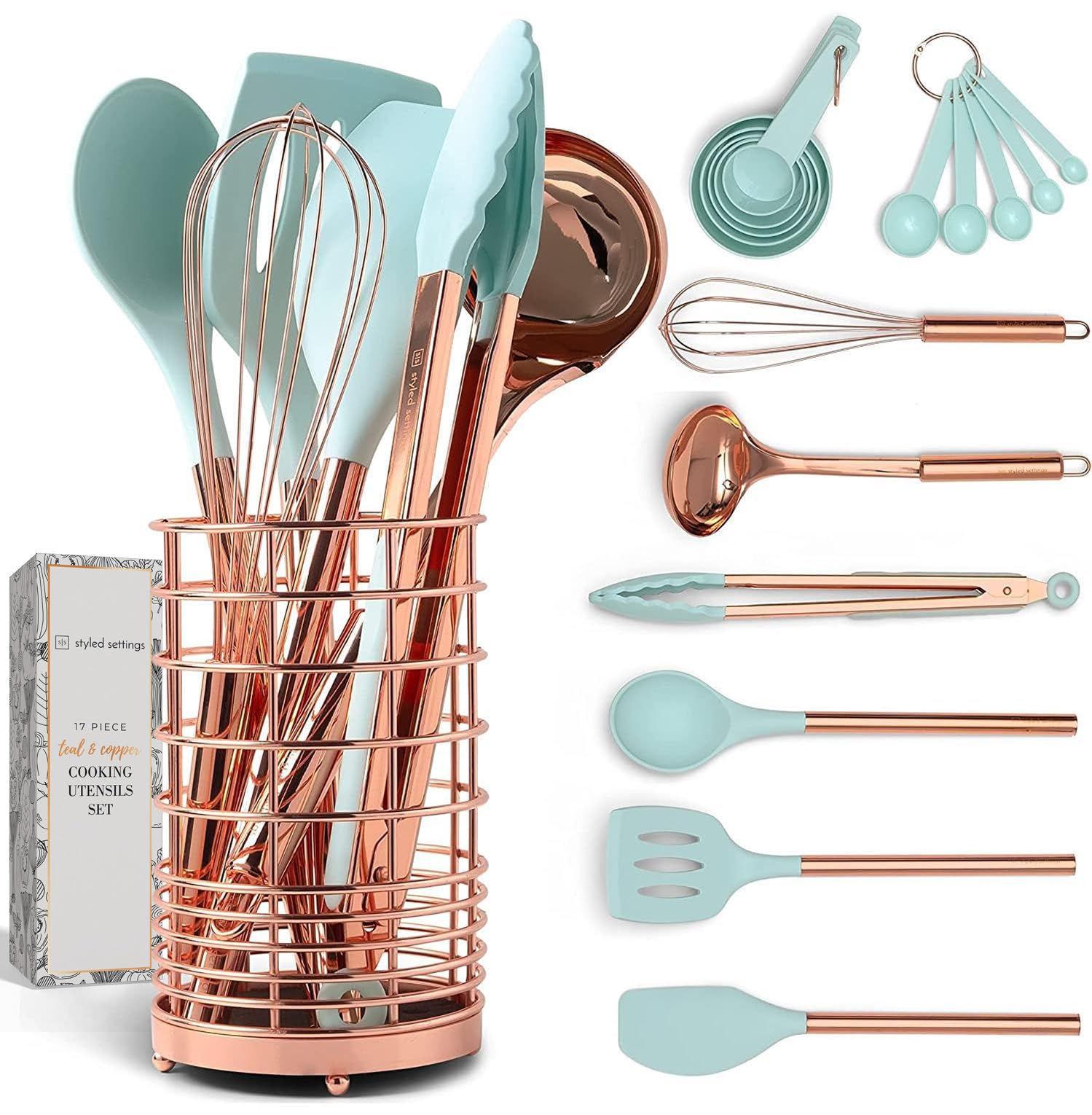 Amazon.com: Copper and Teal Blue Kitchen Utensils - 17-Piece Set ...