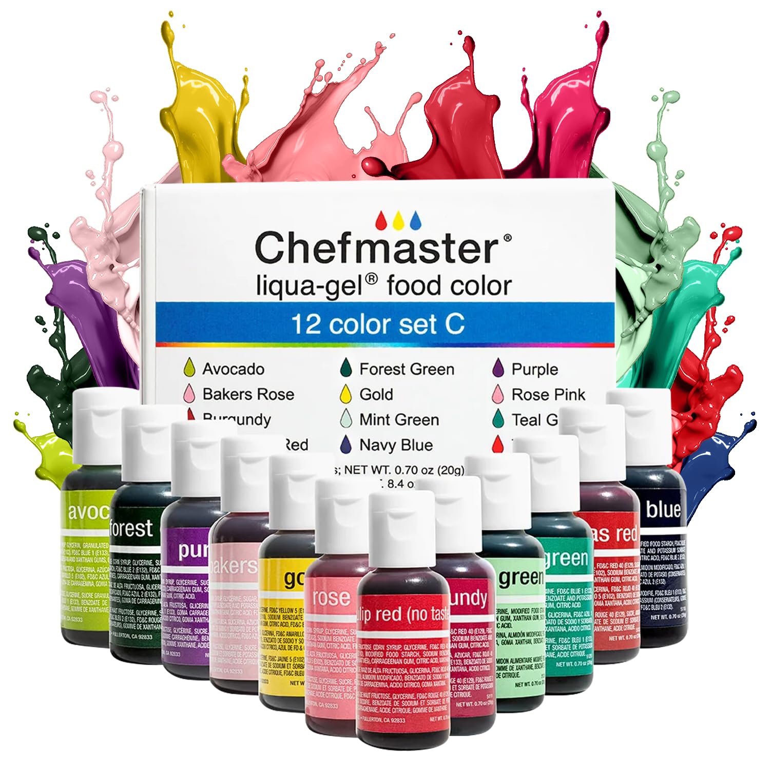 Chefmaster - Liqua-Gel Food Coloring - 12 Color Set C - Fade Resistant ...