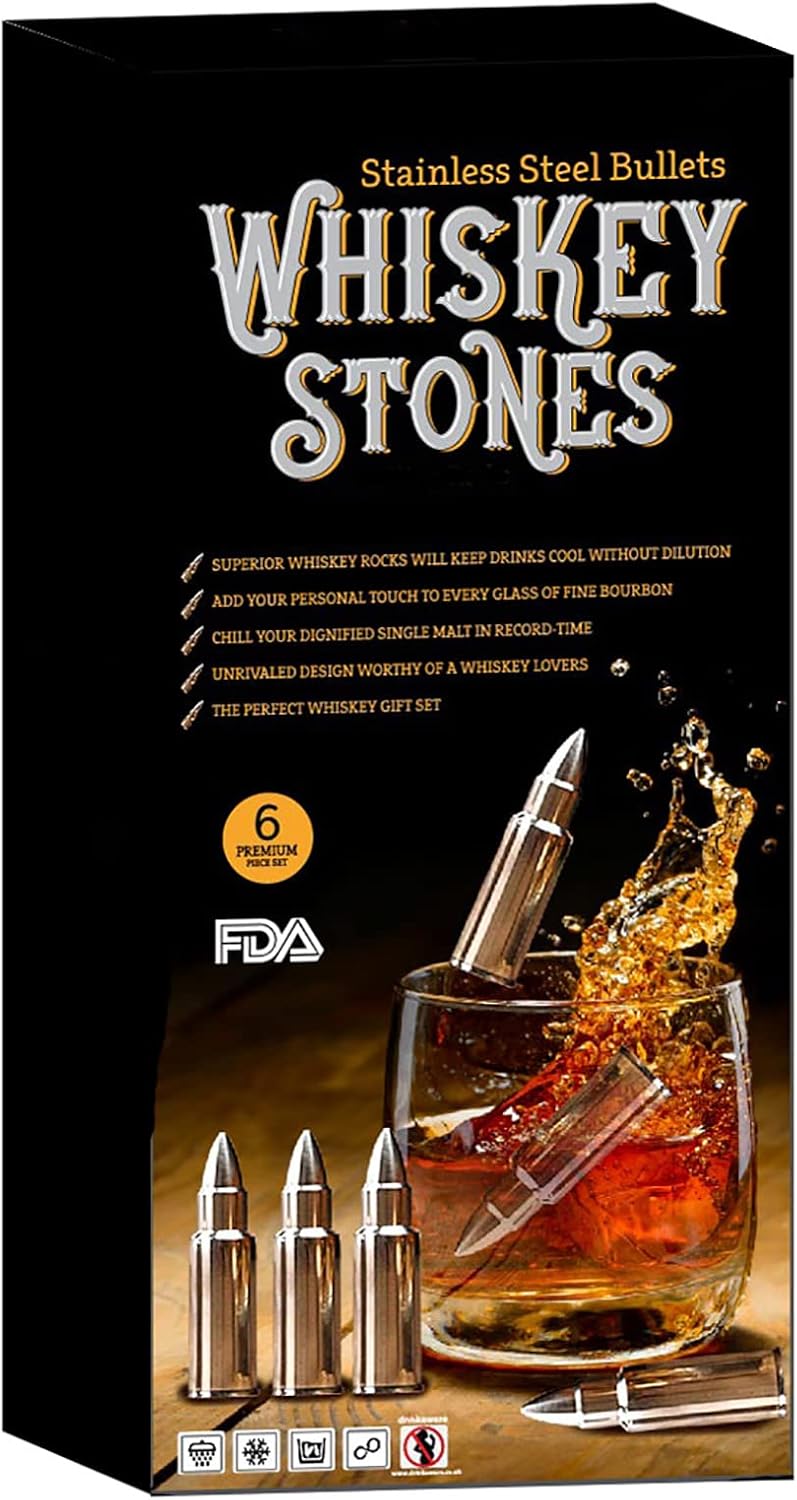 DIVCHI Whiskey Stone Bullets Gift Set of 6 - Silver Whiskey Ice Cubes ...