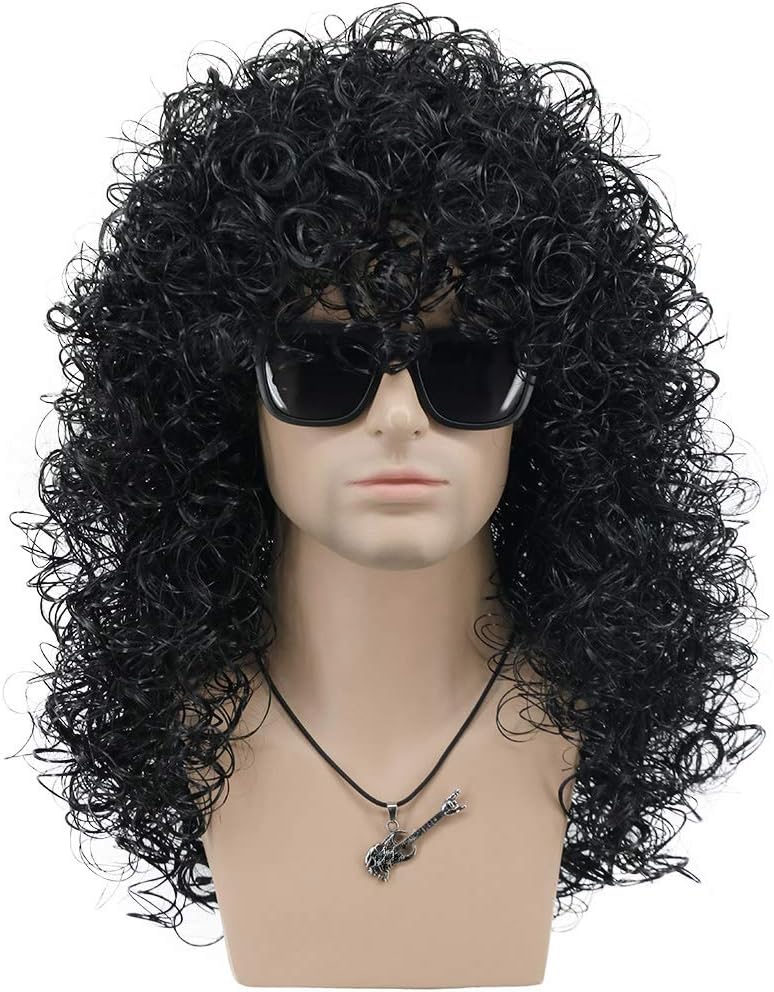 VGbeaty Mens Slash Long Curly Black Hard 70s 80s Rocker Wig Halloween Costume Cosplay Wig (Black ...
