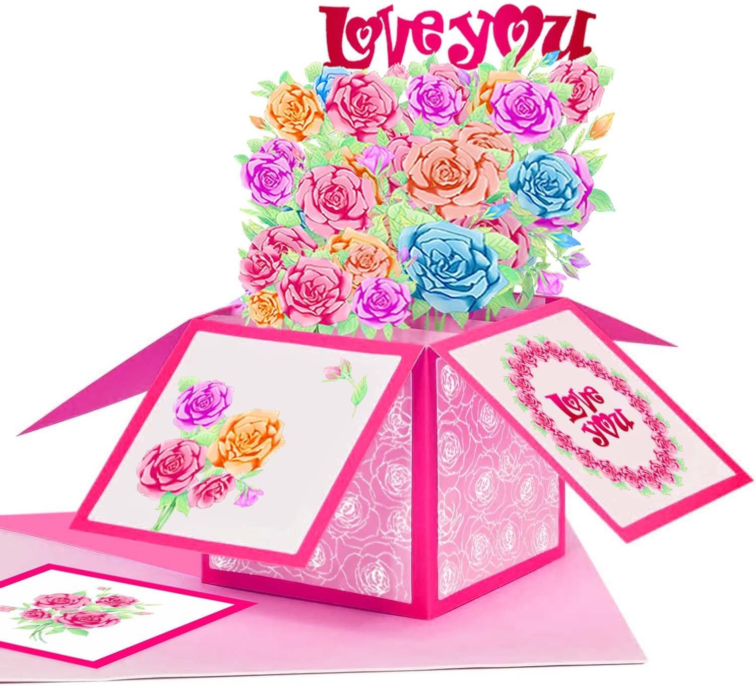 Woeau 3D Pop Up Flower Bouquet Box - Rose Pop Up Cards with Envelope ...