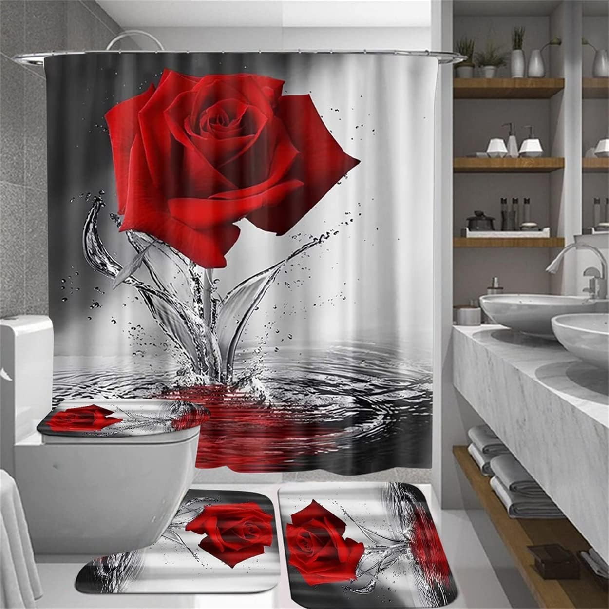 Amazon.com: Red Rose Bathroom Sets with Shower Curtain and Rugs Water ...