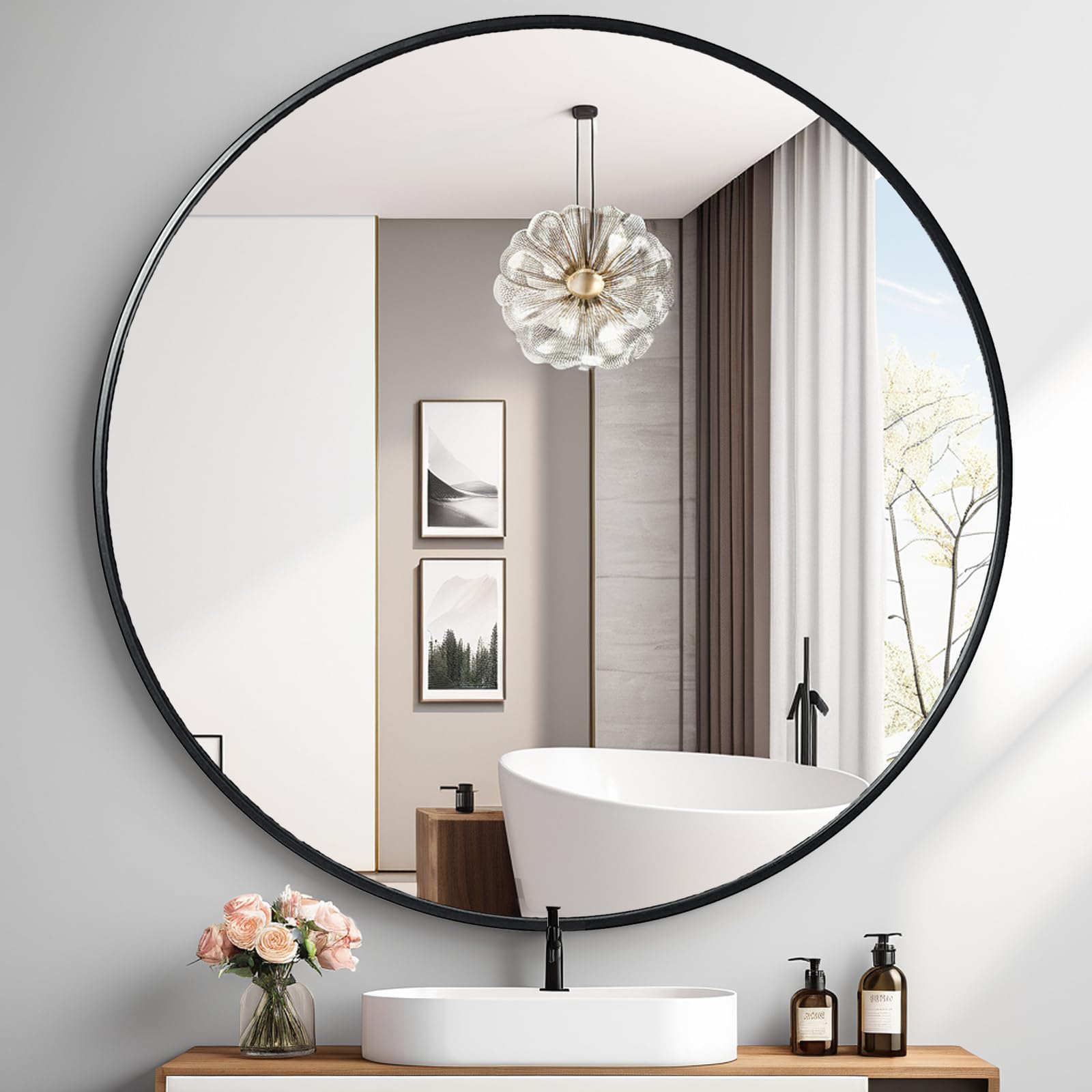 Amazon.com: ZZPQ 42 Inch Large Round Mirror, Black Wall-Mounted Mirror ...