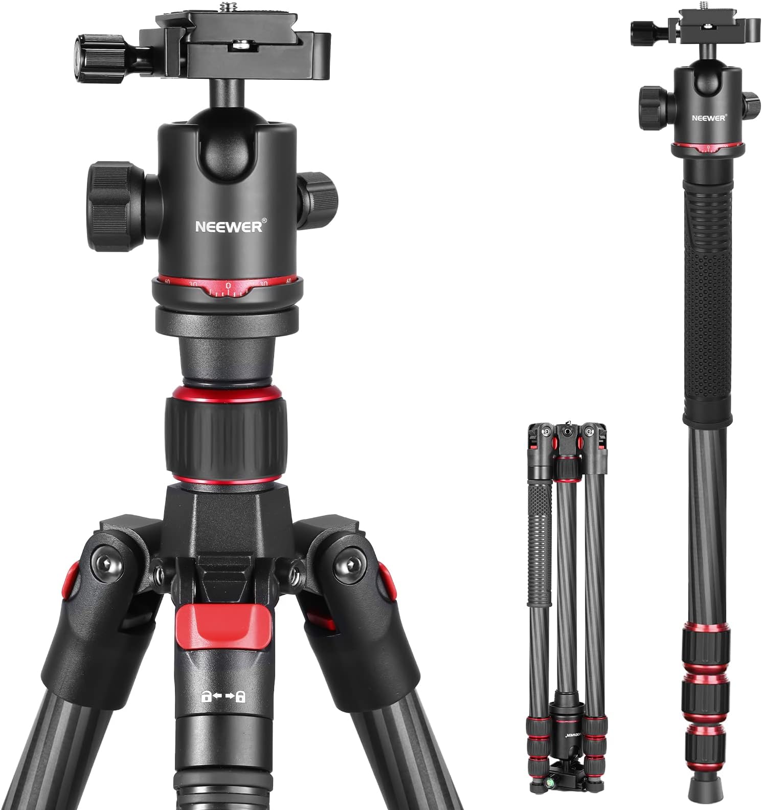 Neewer 79 Inches Carbon Fiber Camera Tripod Monopod with 2 Center Axis ...