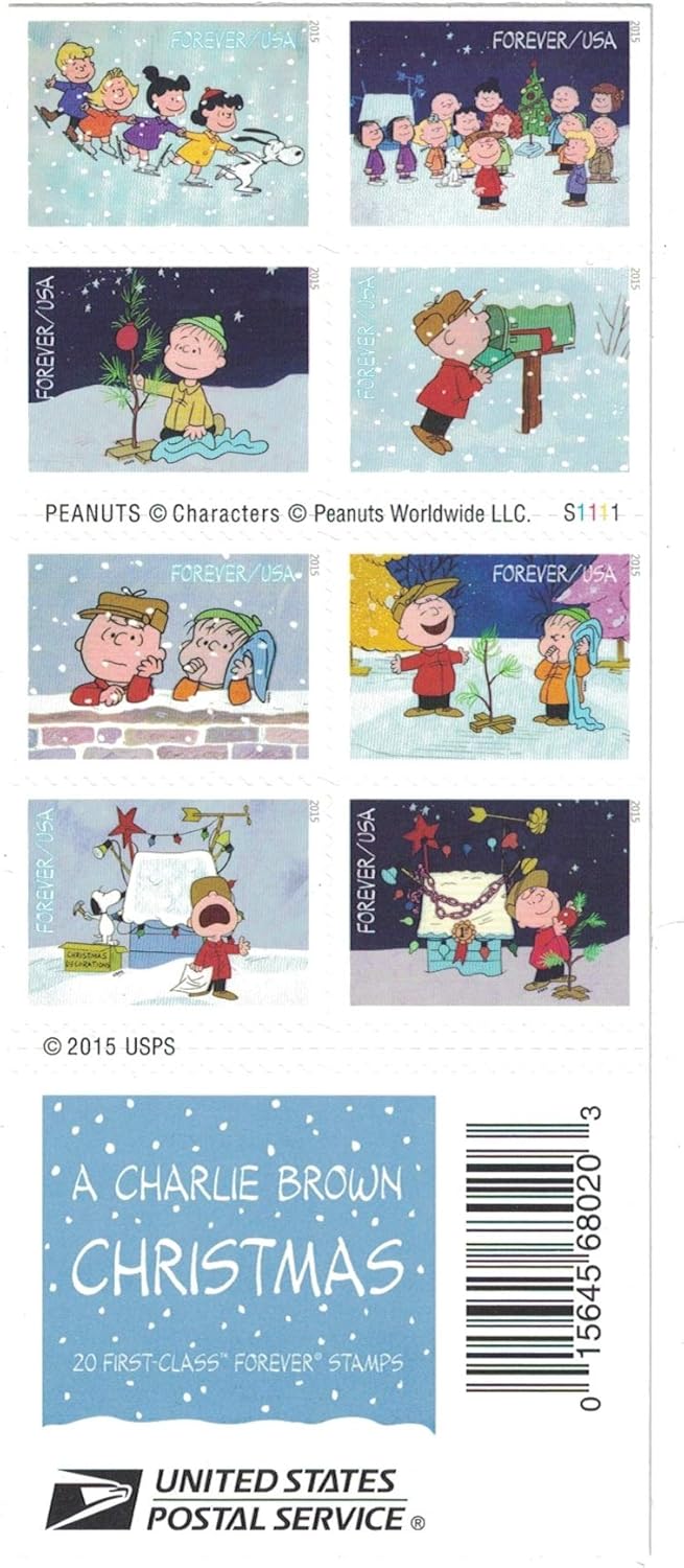 Amazon.com: USPS Charlie Brown Xmas Pane of 20 Forever Postage Stamps ...