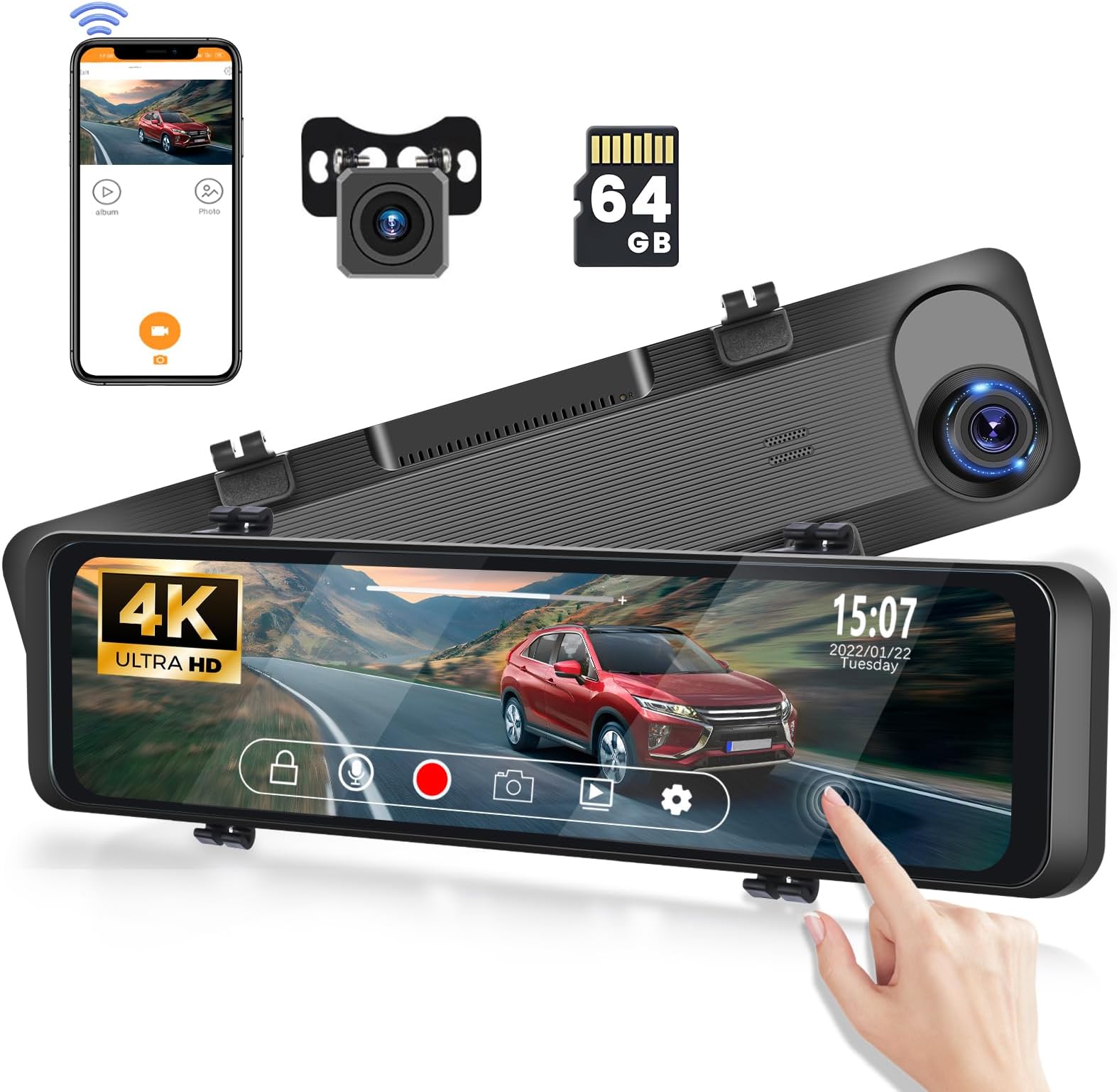 Hikity Car Rear View Mirror Camera with 64G TF Card, 4.5 Inch 1080P IPS ...