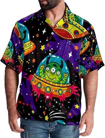 Amazon.com: Men's Hawaiian Shirt Button Down Beach Shirt Casual Short Sleeve Cute Alien Monsters ...