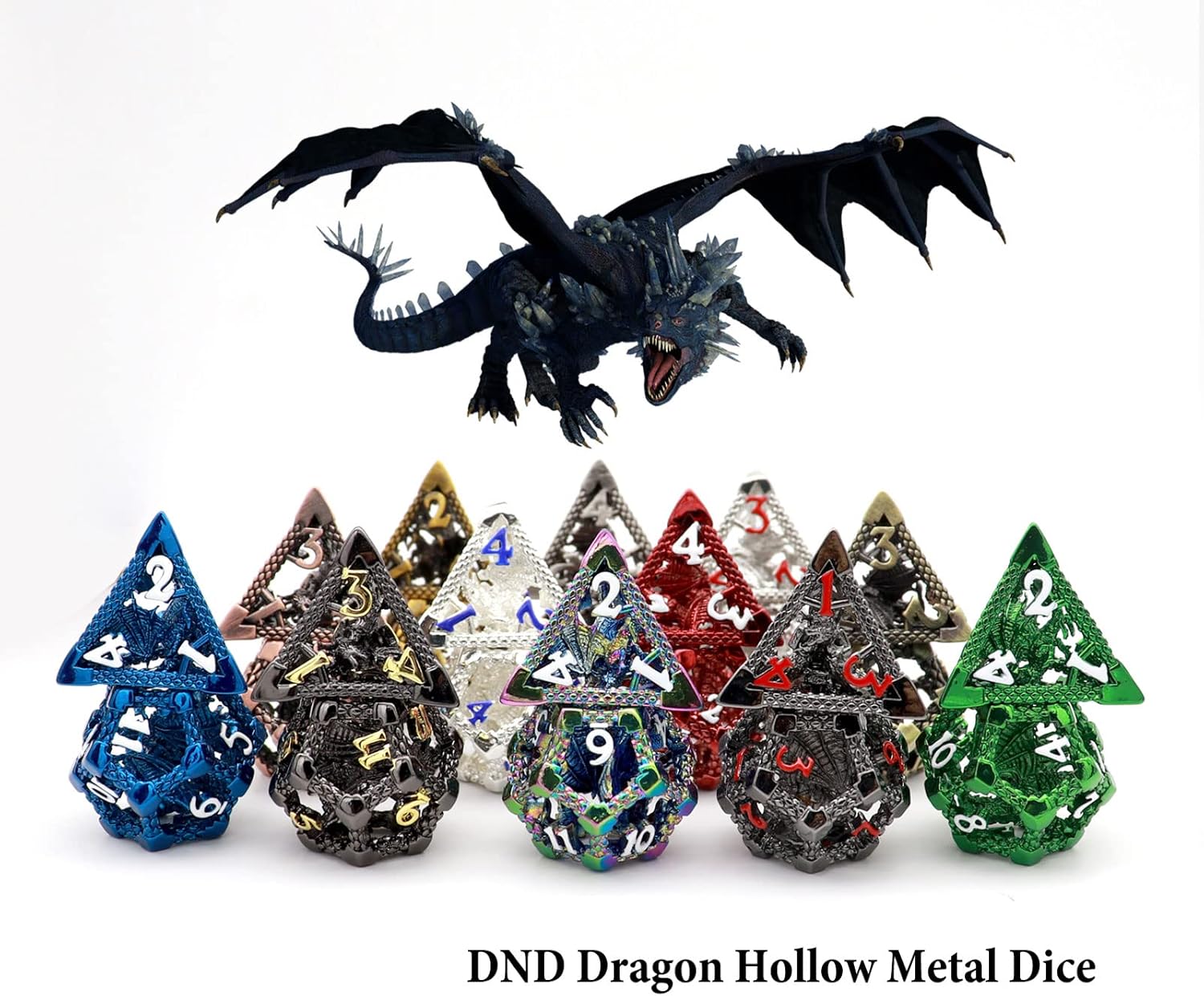 Buy Haxtec Hollow Metal DND Dice Set 7PCs Flying Dragon Silver White ...