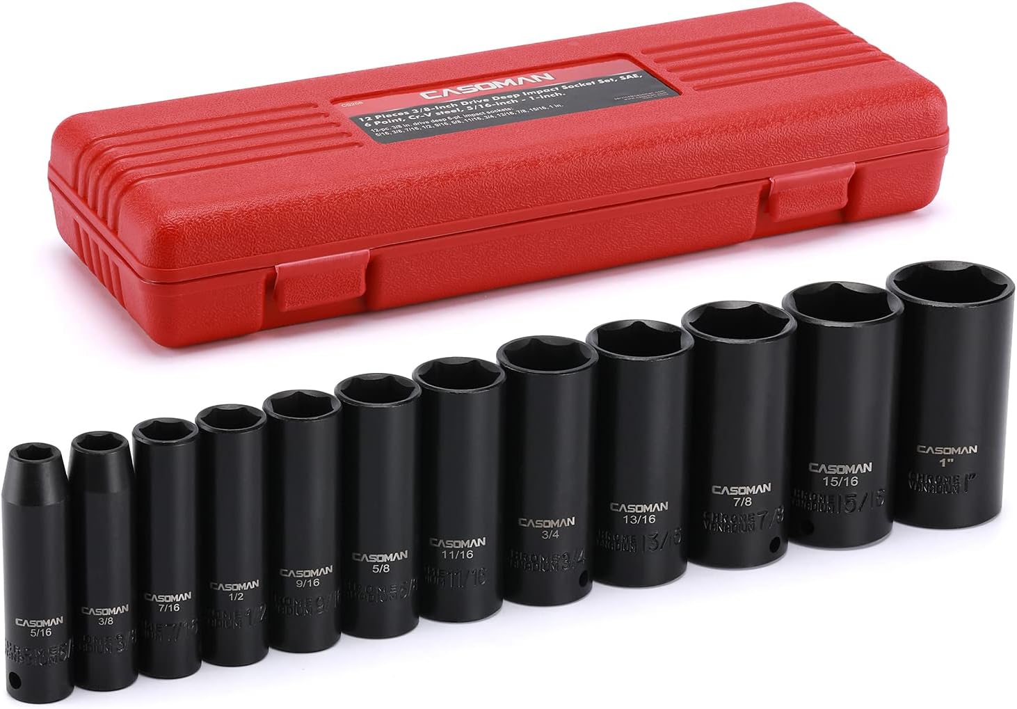 CASOMAN 12 Pieces 3/8-Inch Drive Impact Socket Set, 6-Point, SAE, Deep ...
