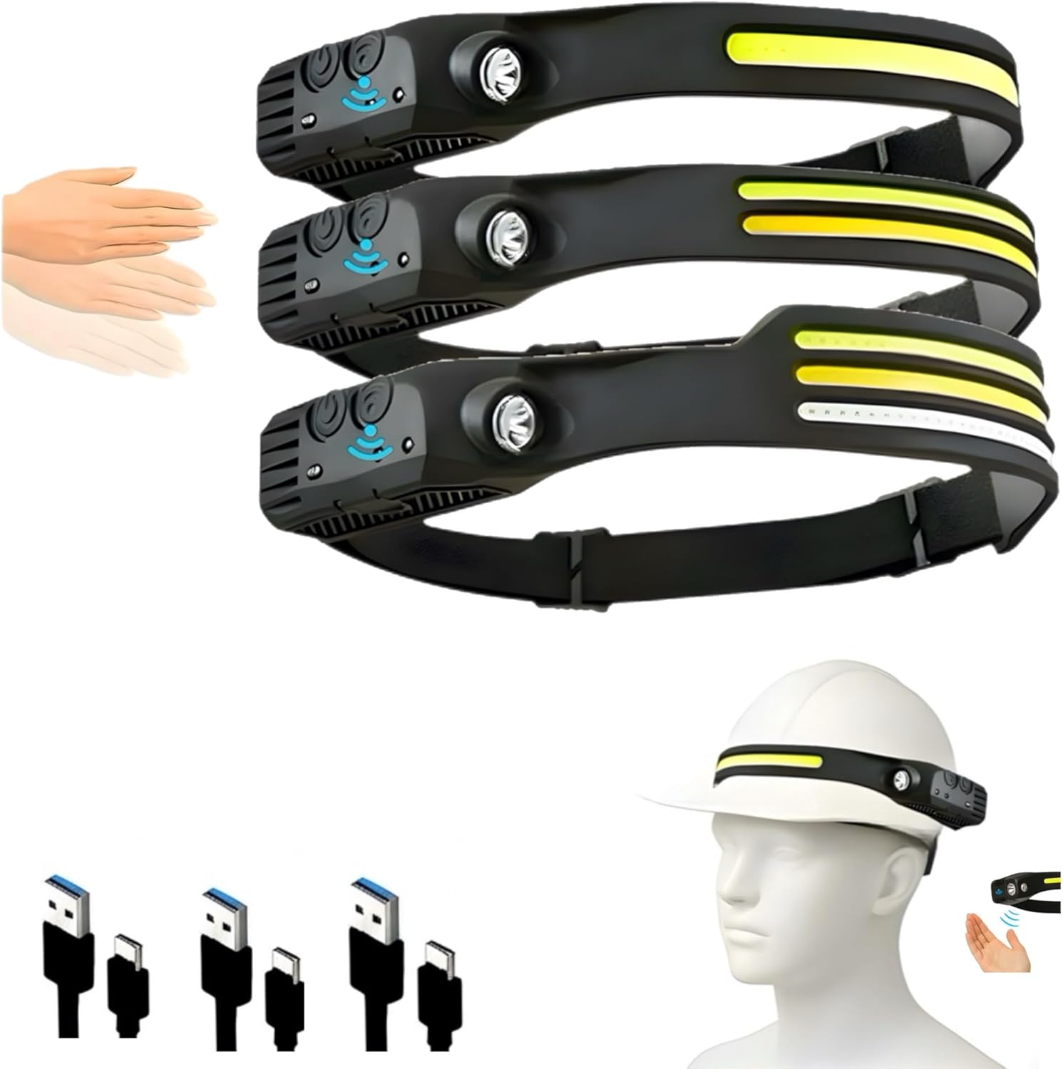 Amazon.com : 3-Pack Rechargeable LED Headlamps – High-Power USB ...