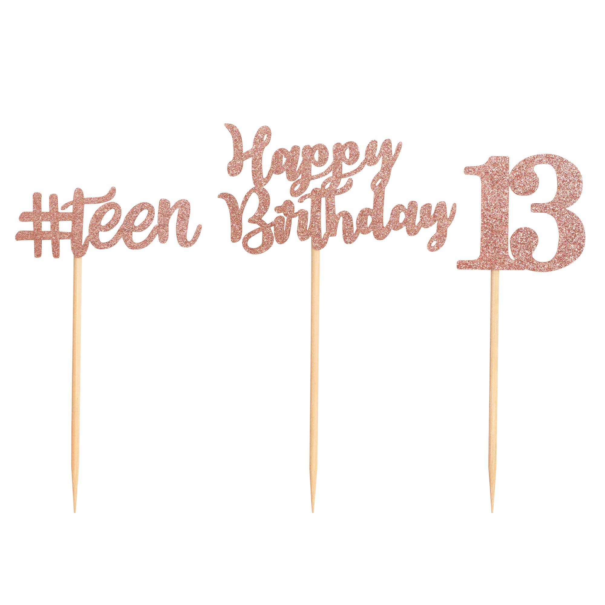 Buy Rose Gold Glitter 36 Pack Happy Birthday Teen 13 Cupcake Toppers ...