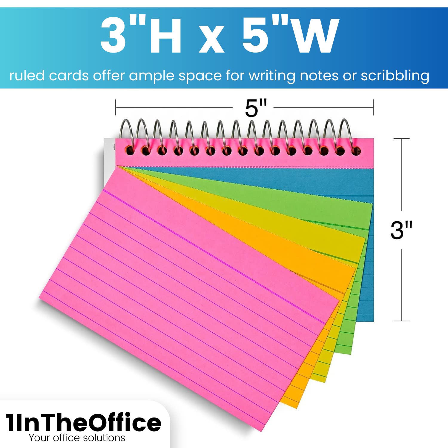 Snapklik.com : 1InTheOffice Spiral Index Cards 3x5, Ruled Neon, Lined, Assorted Colors, 50 Cards ...