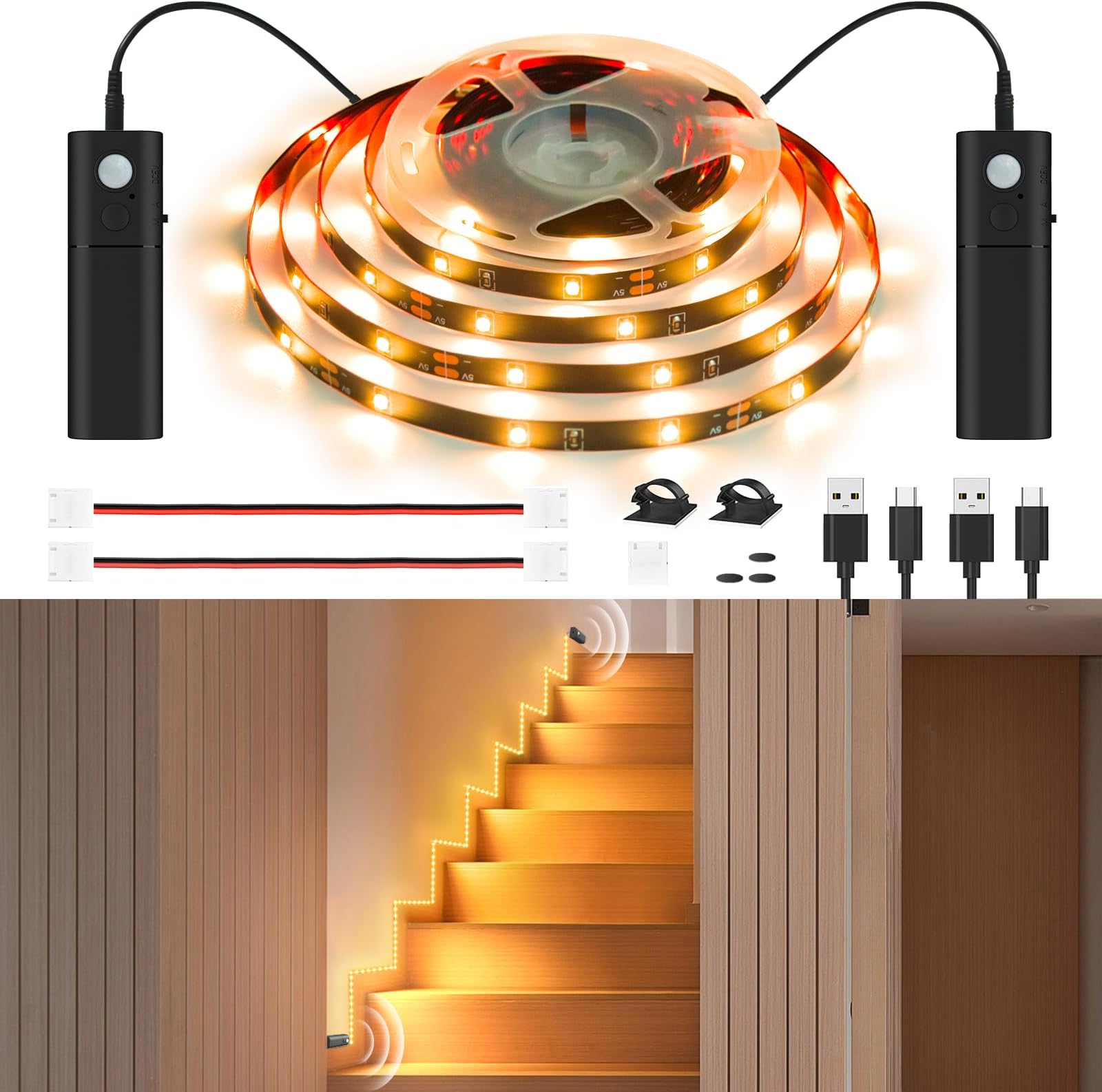 WOBANE Dual Motion Activated LED Strip Light,Rechargeable 16.4ft Light ...
