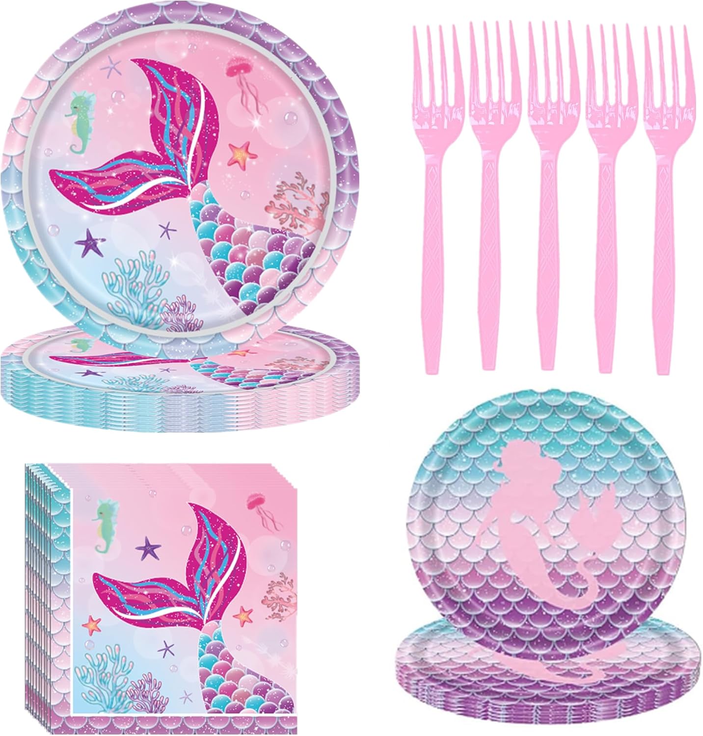 Mermaid Theme Birthday Decorations 120PCS Mermaid Party Tableware Set ...