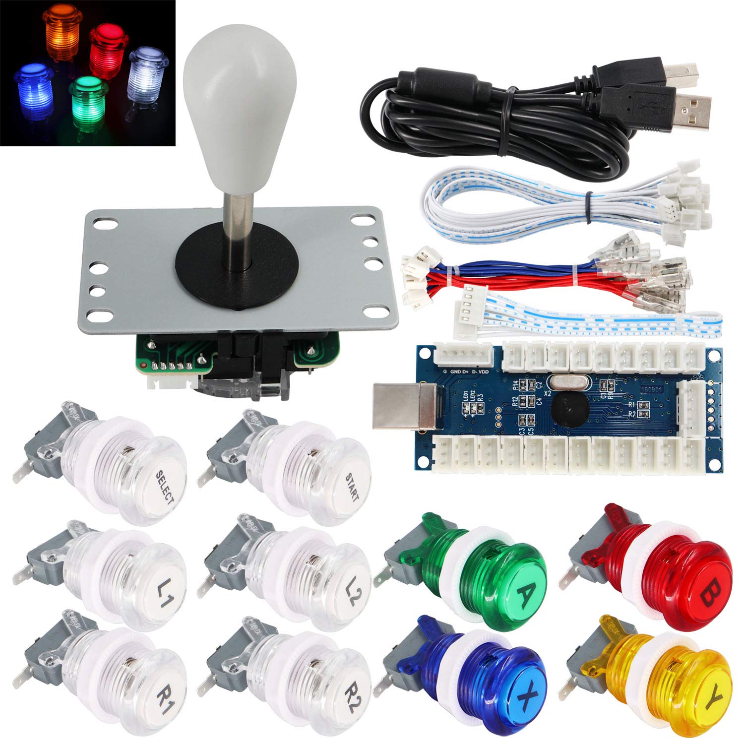 SJ@JX Arcade Game Stick DIY Kit Buttons with Logo LED 8 Way Joystick ...