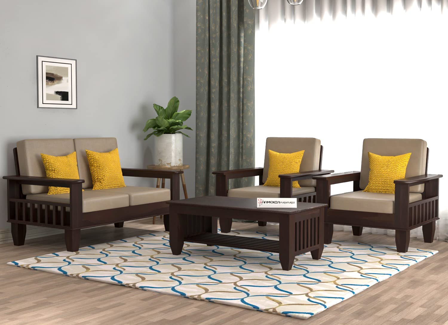 SAAMENIA FURNITURES Wooden 4 Seater Sofa Set for Living Room | 2+1+1 ...