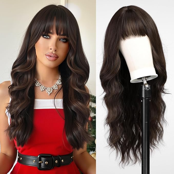 WOKESTAR Long Wavy Natural Brown Wigs for Women, Heat Resistant Natural ...