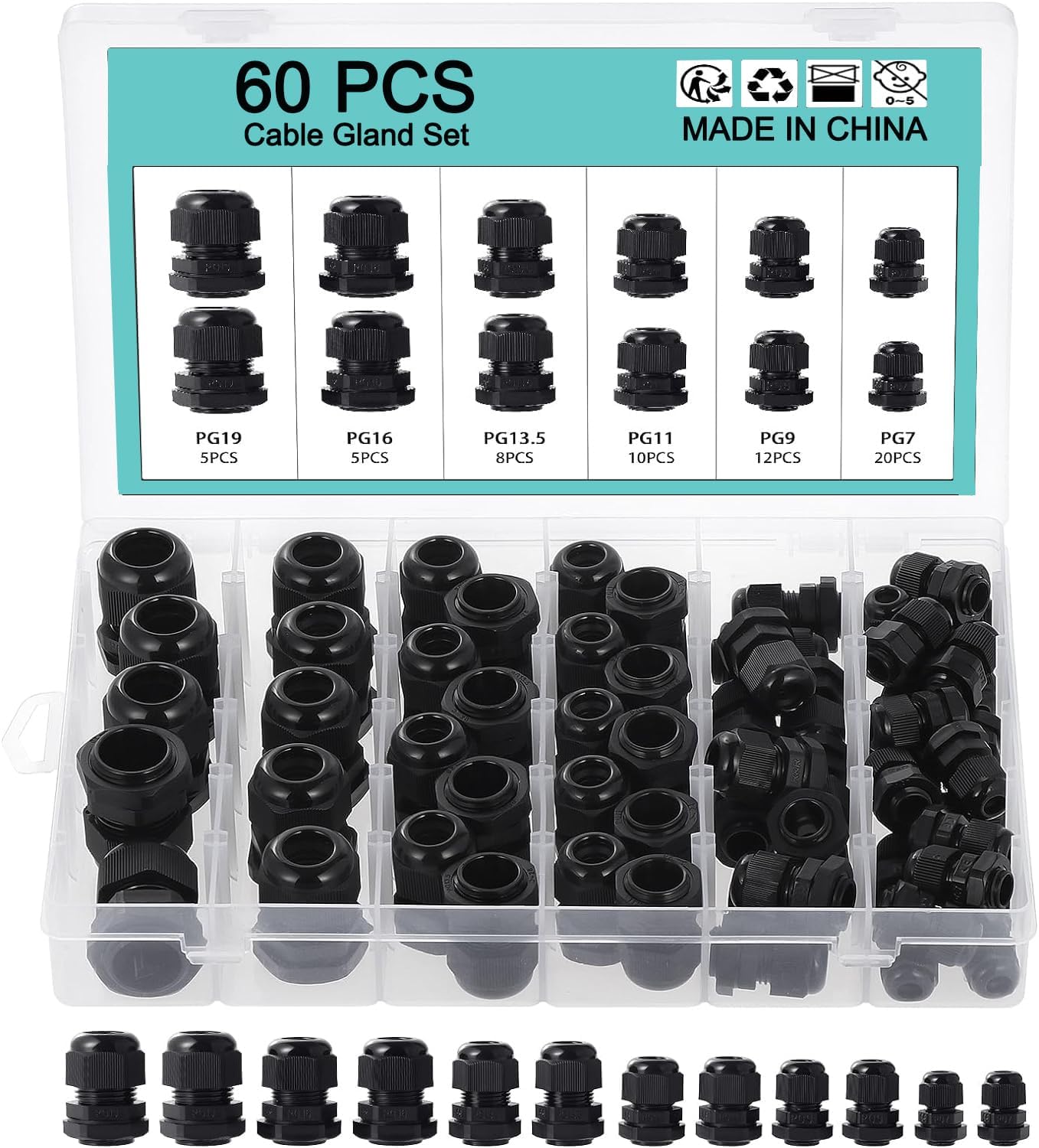 Pack of 10 M20 Black 20mm IP68 Waterproof Nylon Cable Glands, Locknut ...