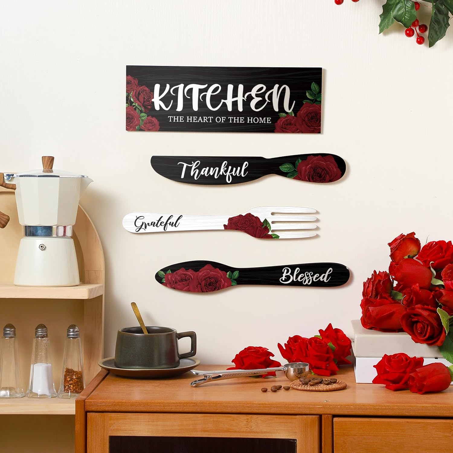 Amazon.com: Threehoney 4 Pcs Red Kitchen Decor Sets Red Rose Kitchen ...