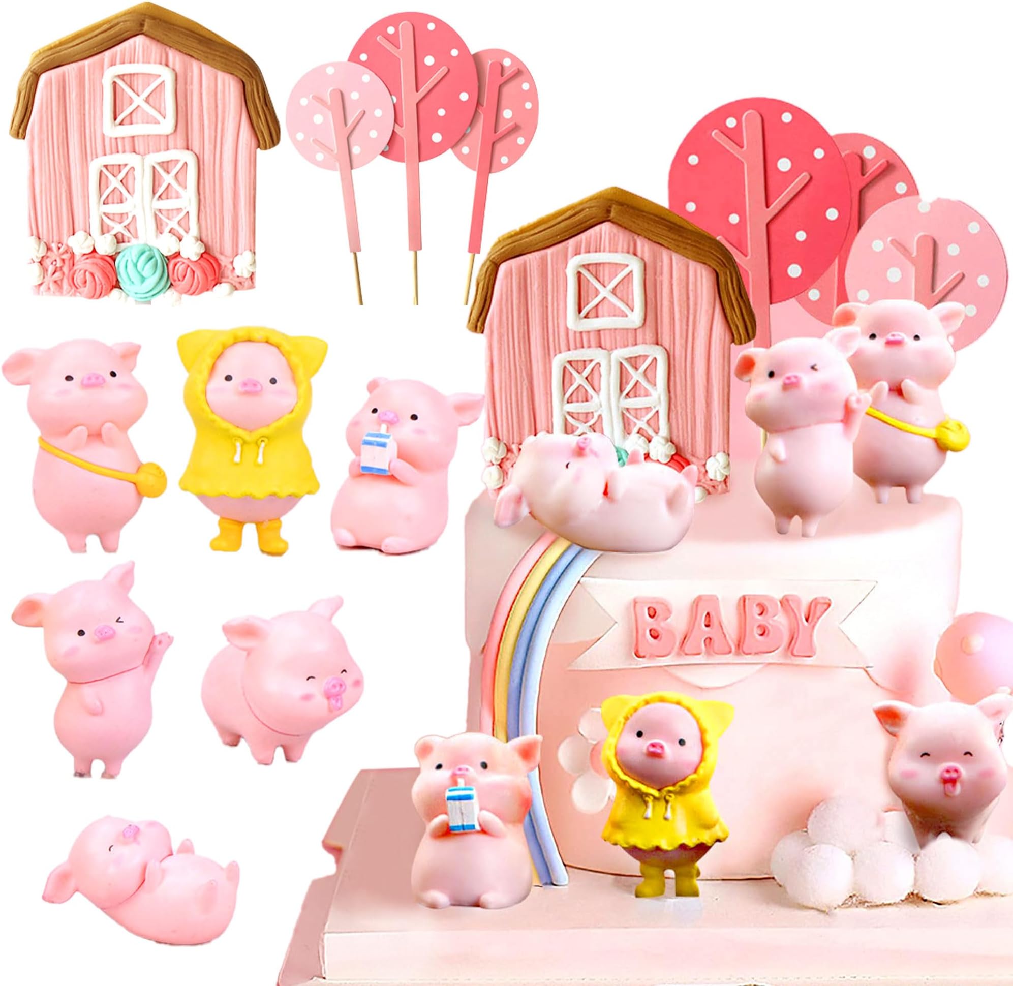 Amazon.com: 13 Pieces Cute Pink Piggy Miniature Figurines Pig Cake ...