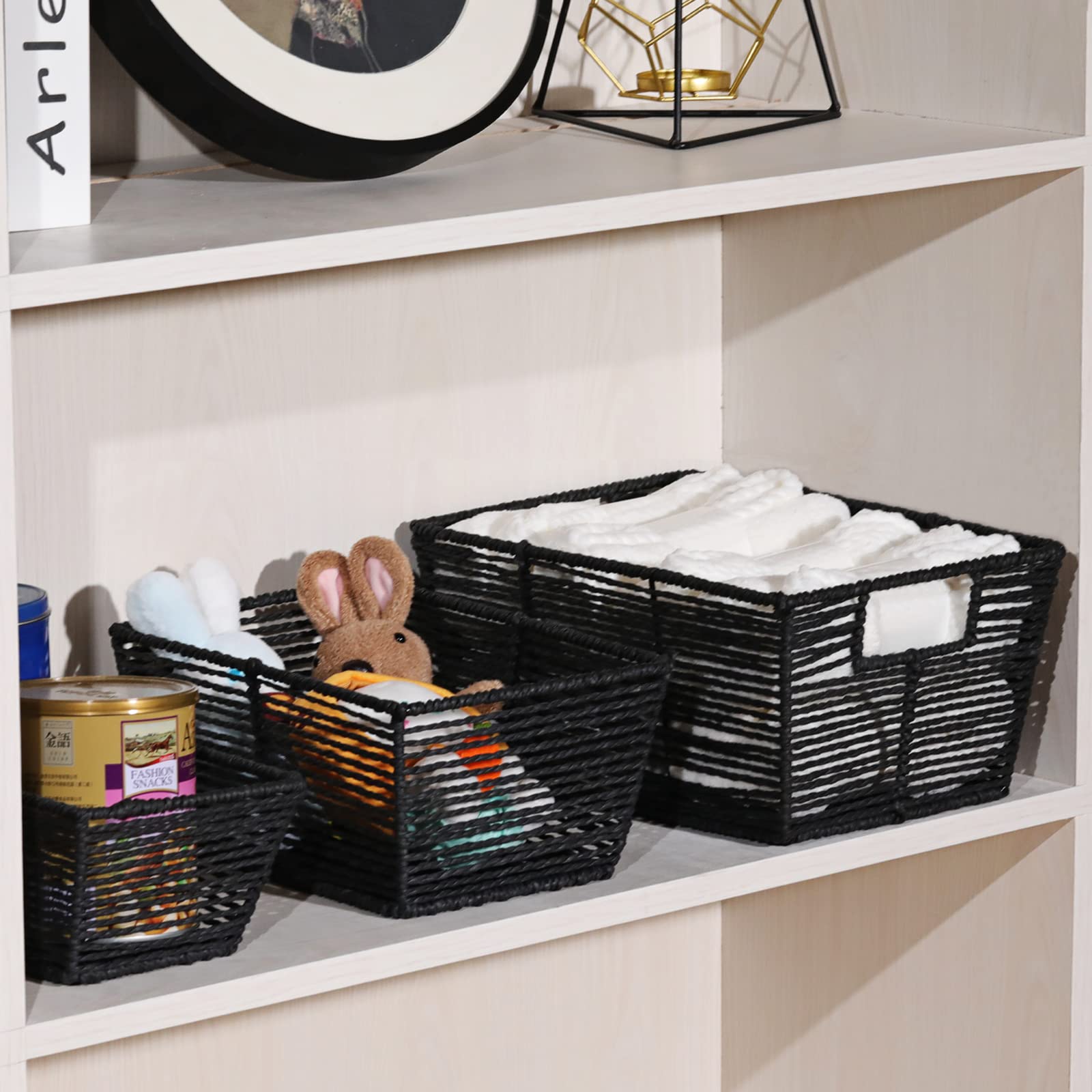 Vagusicc Wicker baskets, Round Paper Rope Black Baskets for Storage ...