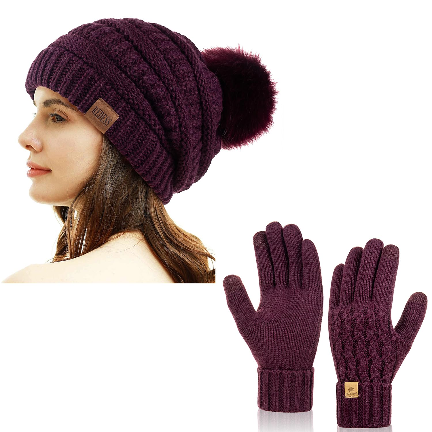REDESS Womens Winter Knitted Beanie Hat Warm Fleece Lined with Pompom ...
