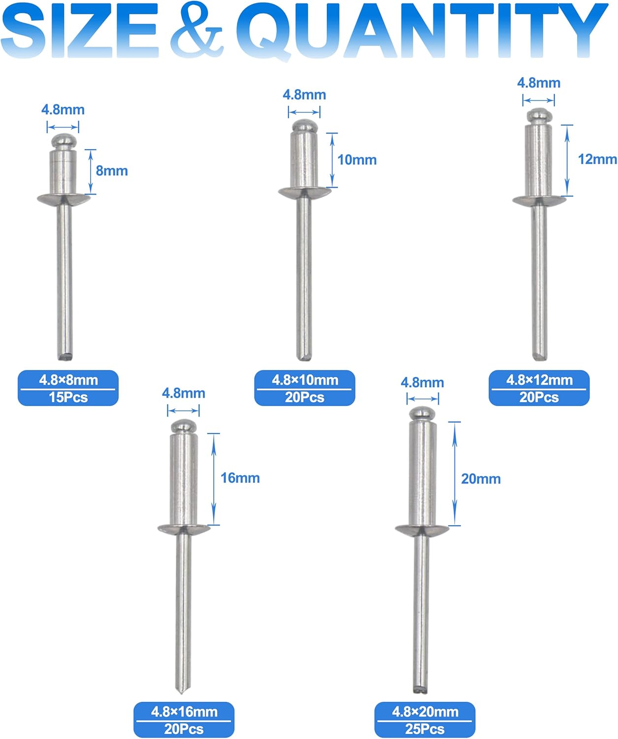 BESTYCHAO 100pcs Blind Rivets 4.8mm Aluminium Blind Rivets Assortment ...