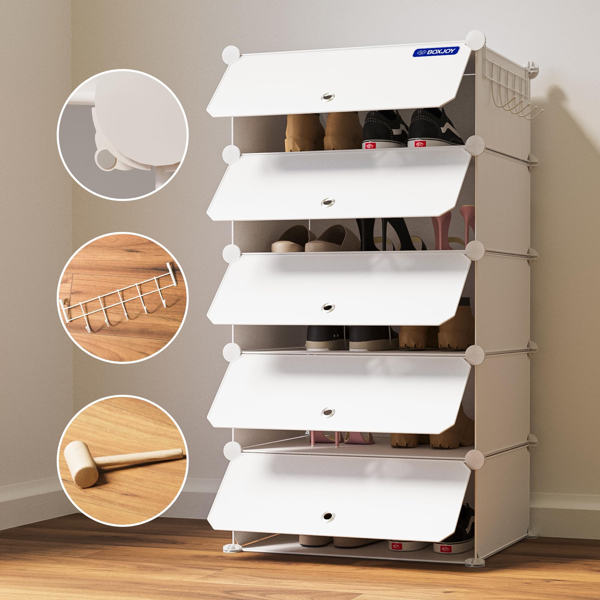 BOXJOY 5 Shelf Shoe Rack Box Organizer with Door Magnets & 5 Hook Steel ...
