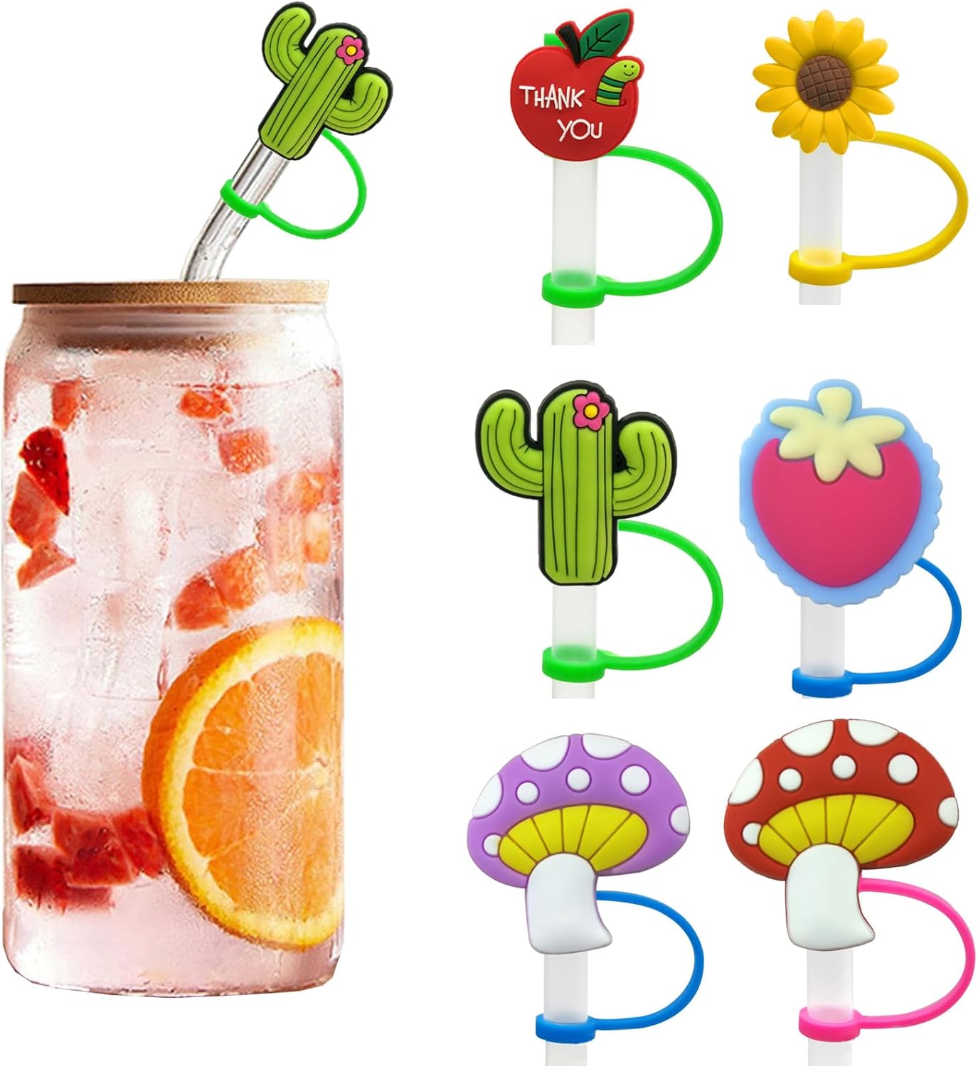 Amazon.com: 6Pcs Silicone Straw Cover Cute Cartoon Reusable Straw Cap ...
