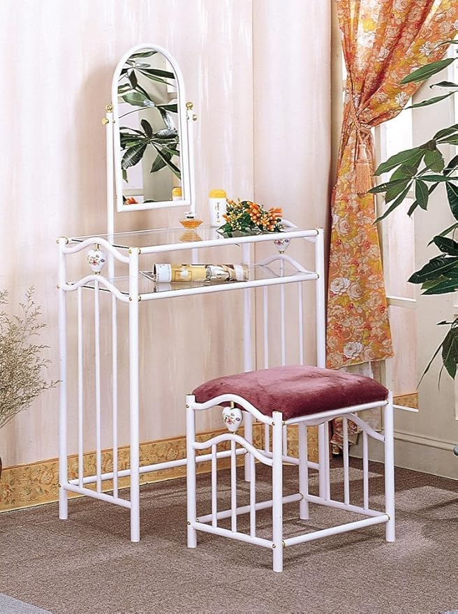Amazon.com: Coaster Glossy White Metal Makeup Vanity Table Set with ...