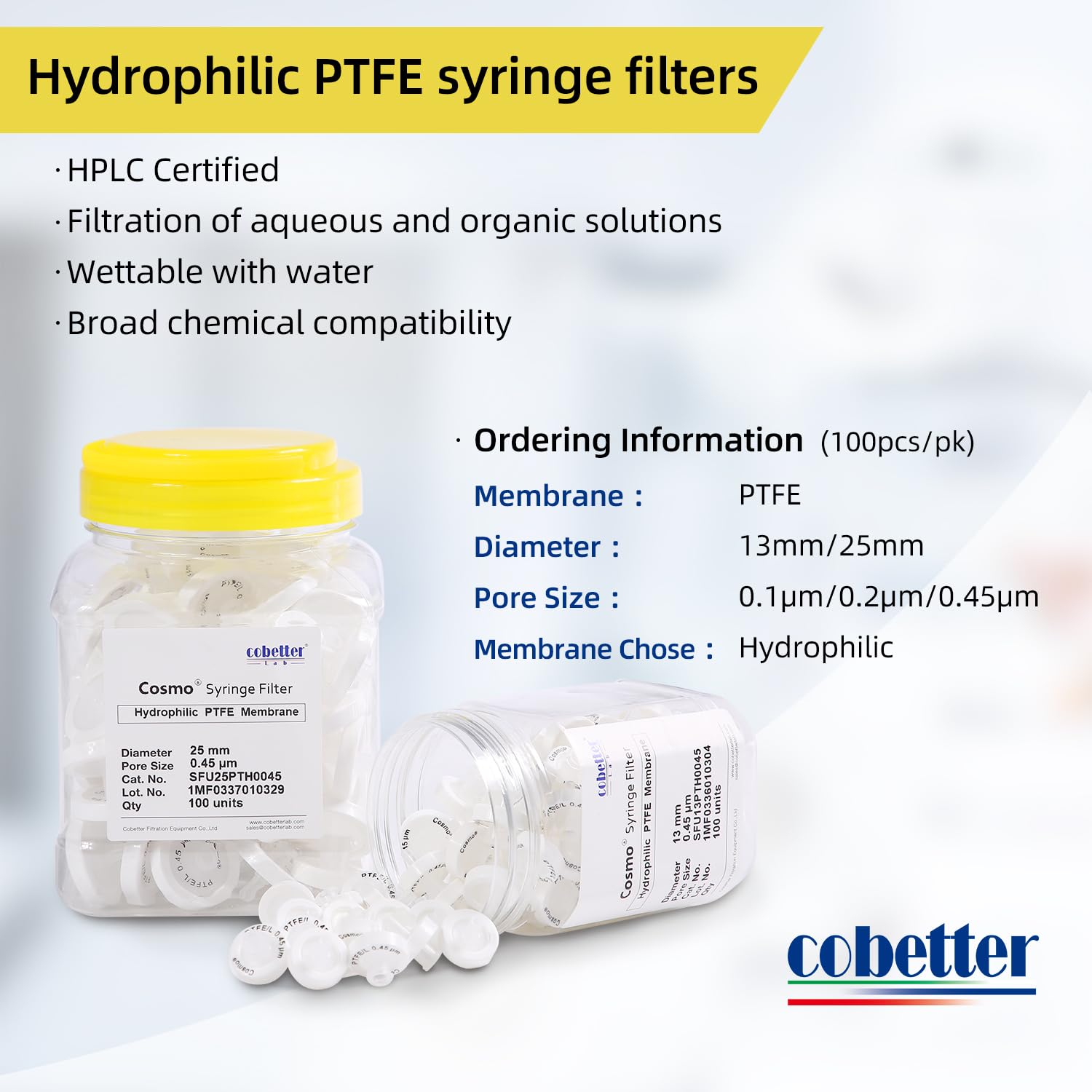 Snapklik.com : COBETTER 100 Pack PTFE Syringe Lab Filters 02μm
