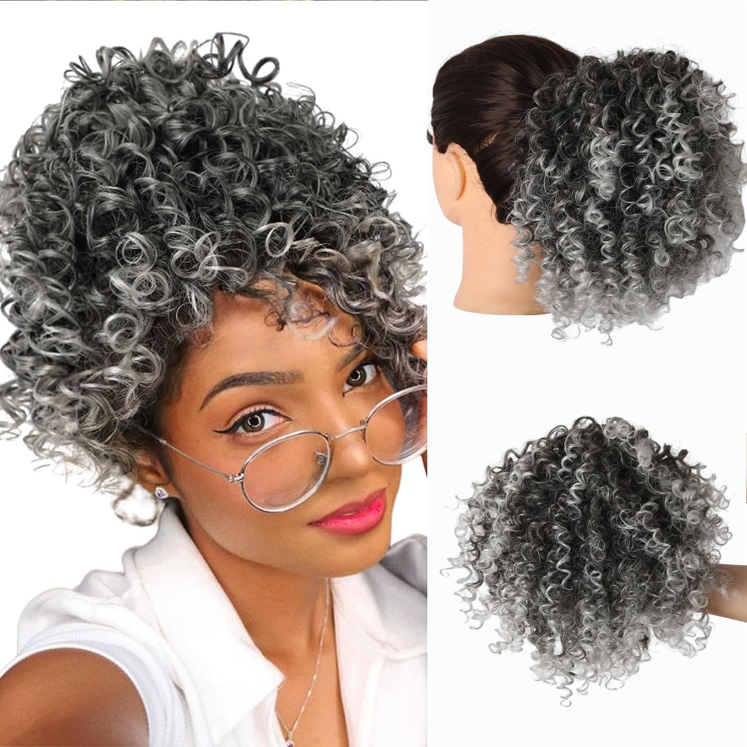 Amazon.com : Short Gray kinky Curly Messy Bun Drawstring Ponytail for ...