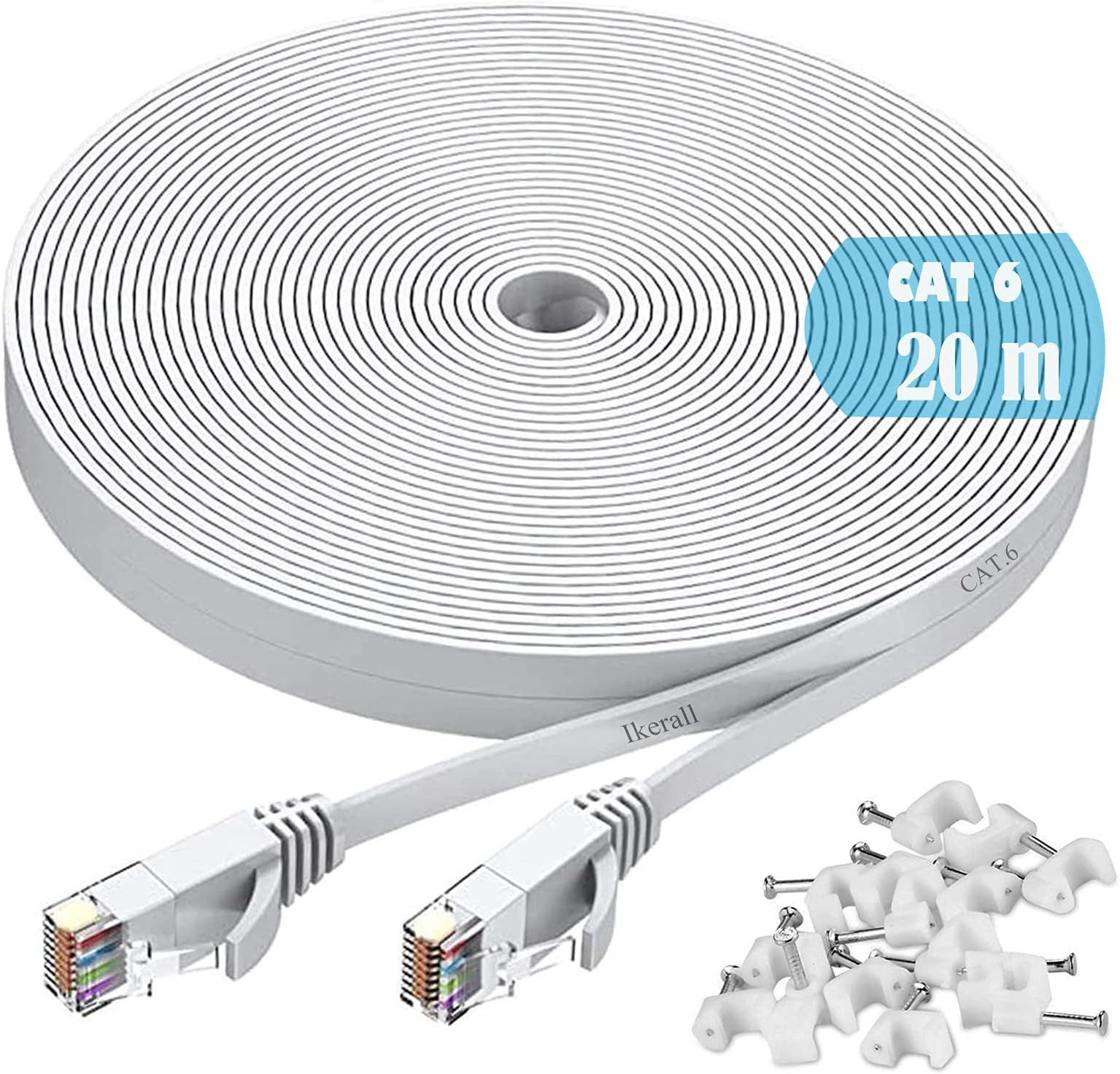 Cat6 Ethernet Cable 20 M / 65 FT White - Ikerall RJ45 Flat Ethernet Patch Cable Internet Wire ...